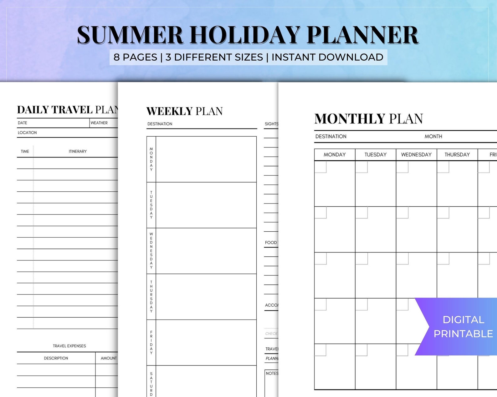 Summer Holiday Planner Travel Itinerary Journal Printable Travel ...