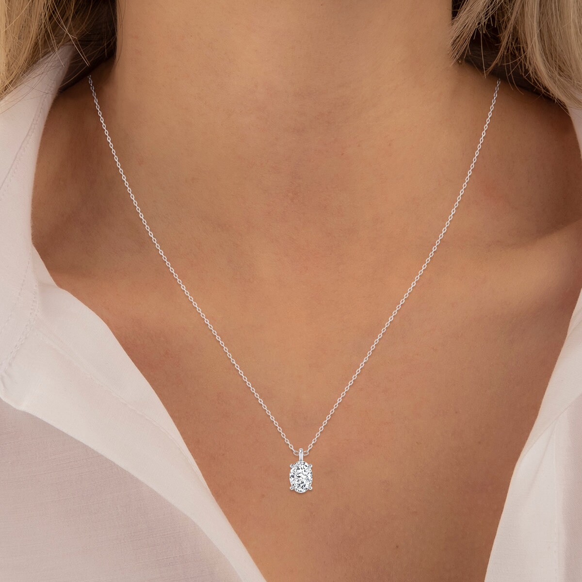 Lab Grown Oval Solitaire Diamond Pendant Available in 14K White Gold ...