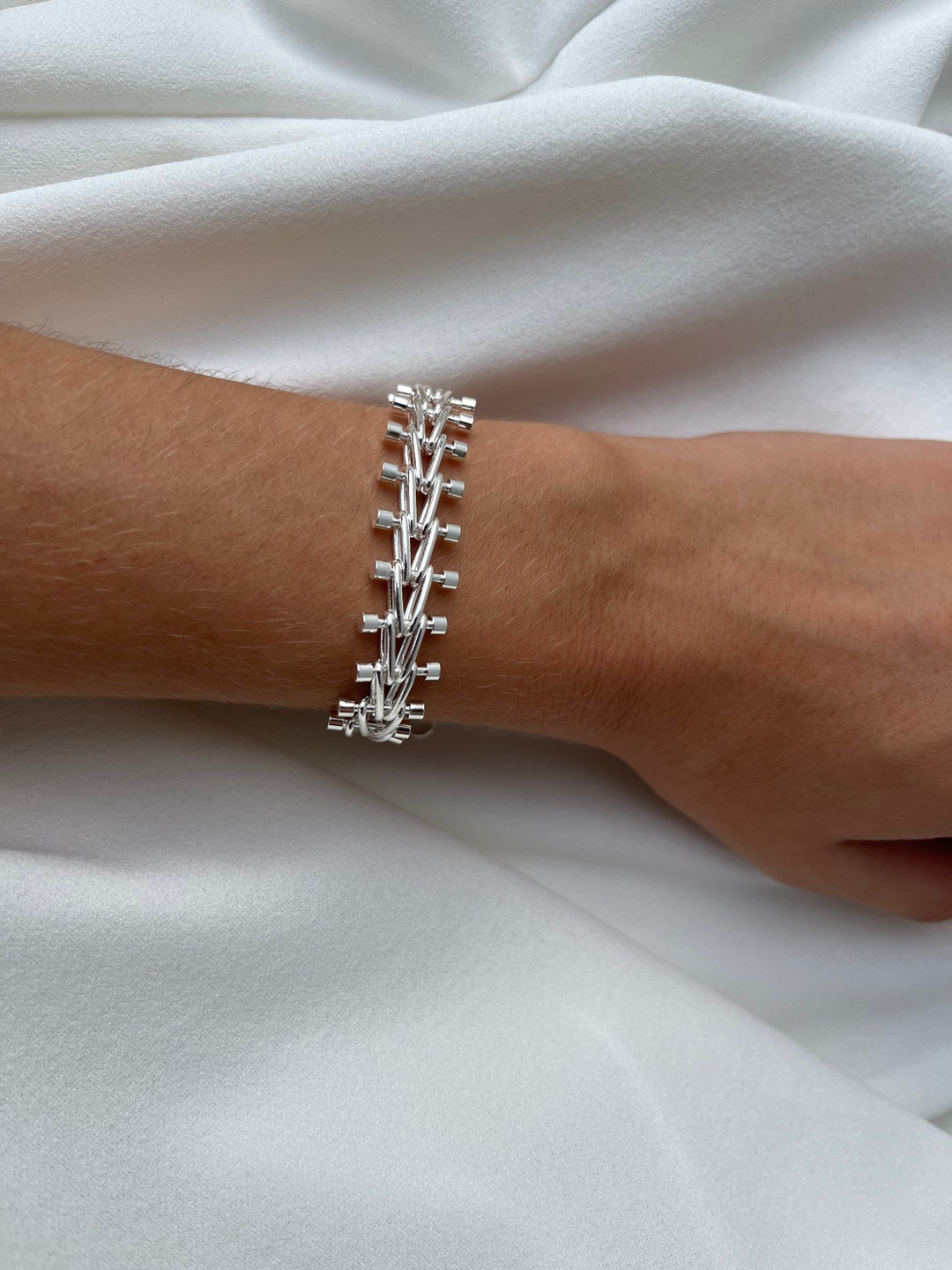 Silver Fishbone Chain Bracelet, Silver Chain Bracelet, Interlocking ...