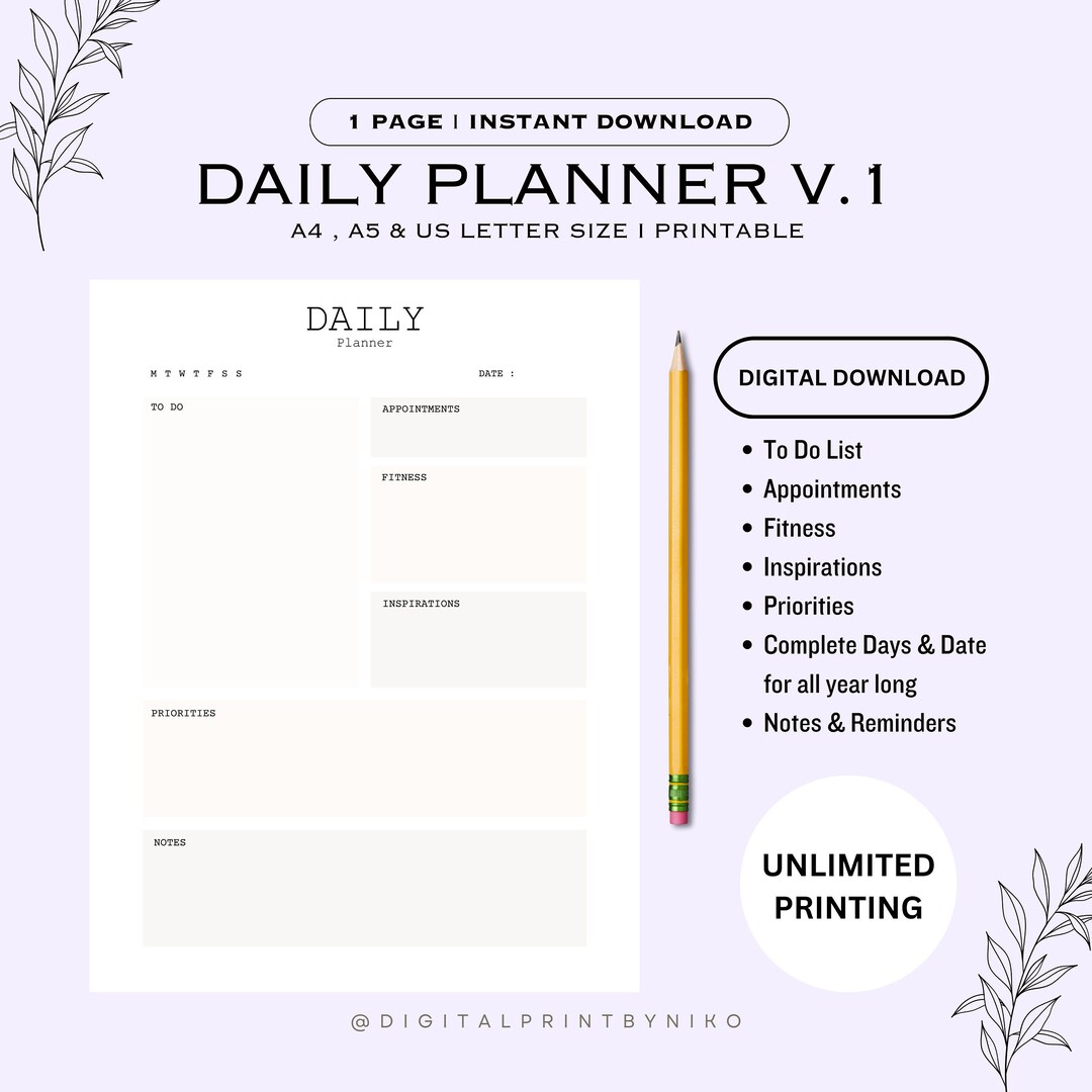 Daily Planner / Printable Planner / Daily Agenda / Daily To-do / Daily ...