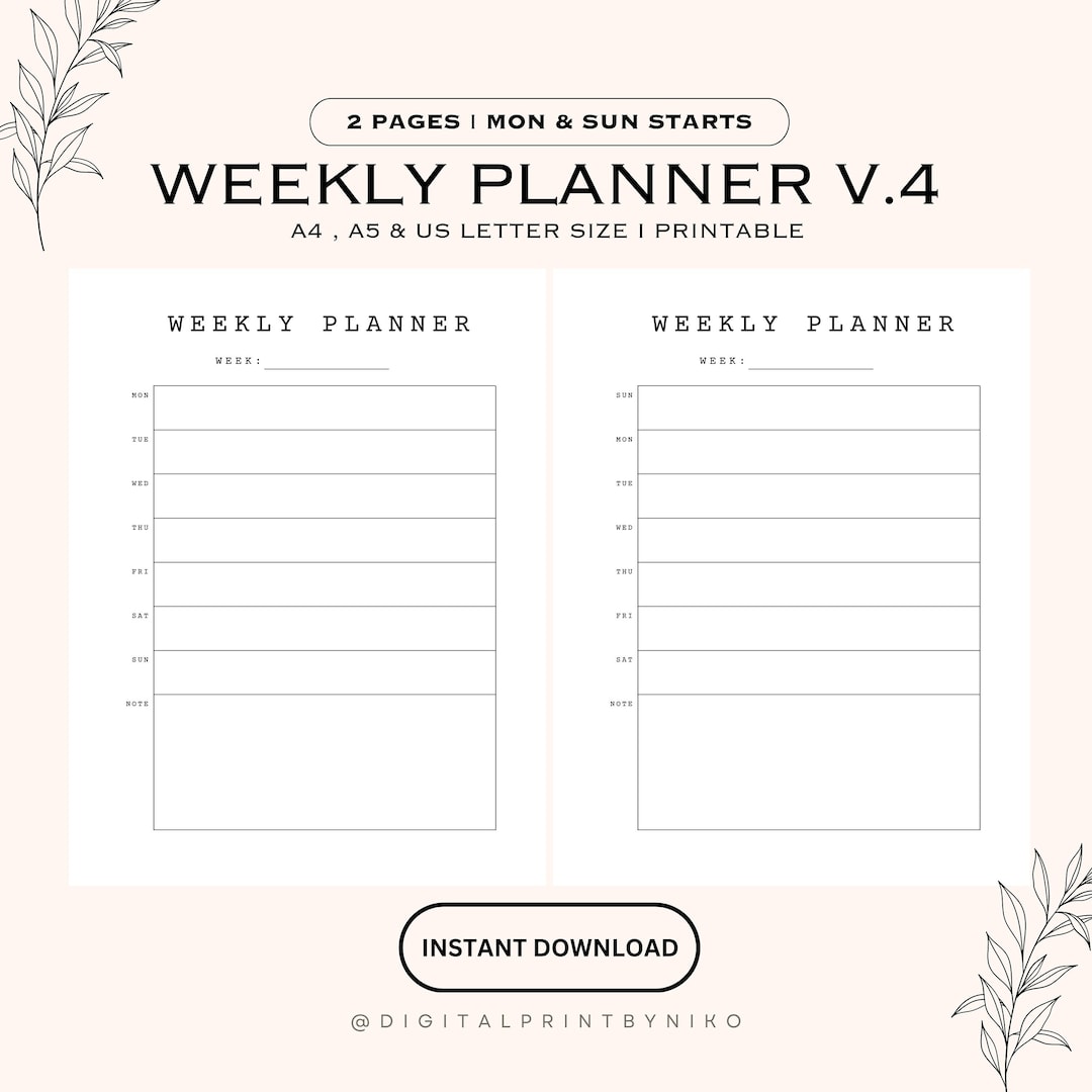 Minimal Weekly Planner Printable: Mon & Sun Start (digital Download) - Etsy