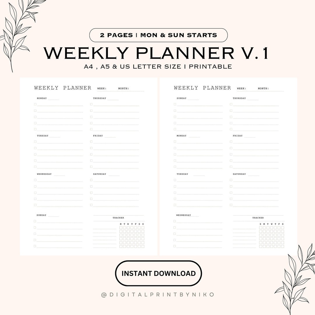 Minimal Weekly Planner Printable: A4, A5, Letter Sizes (digital ...