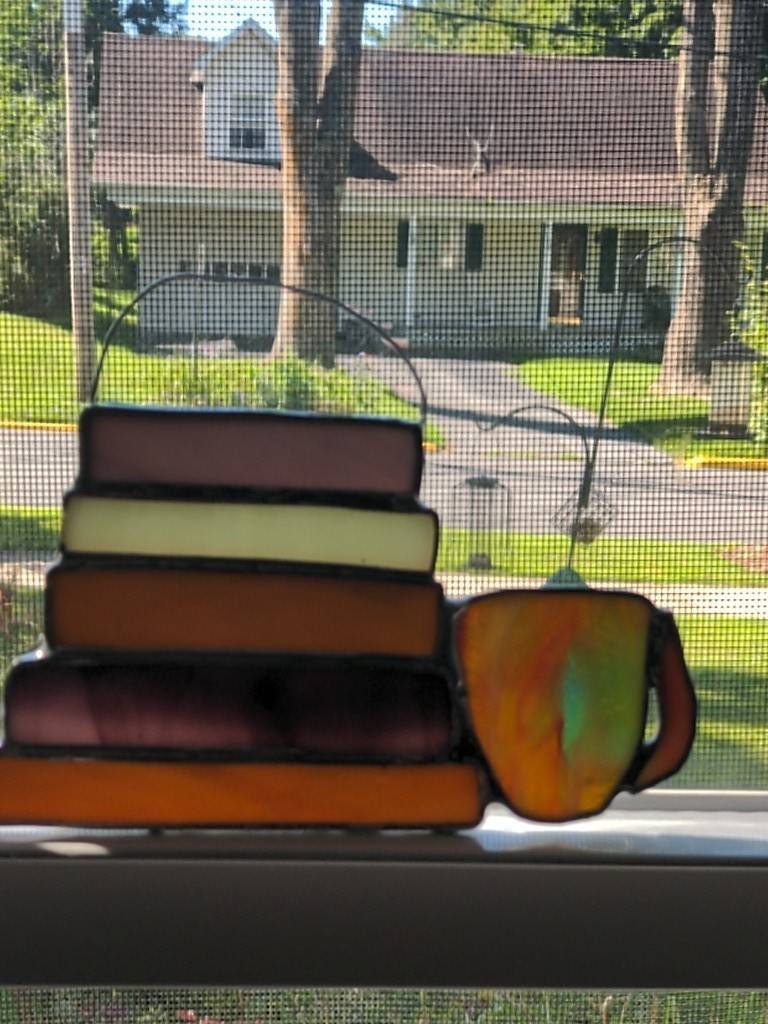 Handcrafted Stained Glass Stack of BOOKS With Coffee Cup . Custom Made ...