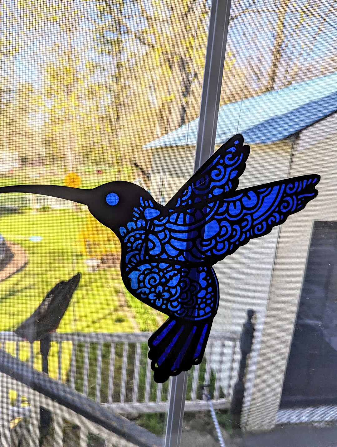 Stained Glass Suncatcher HUMMINGBIRD in Cobalt Blue With Metal Overlay ...
