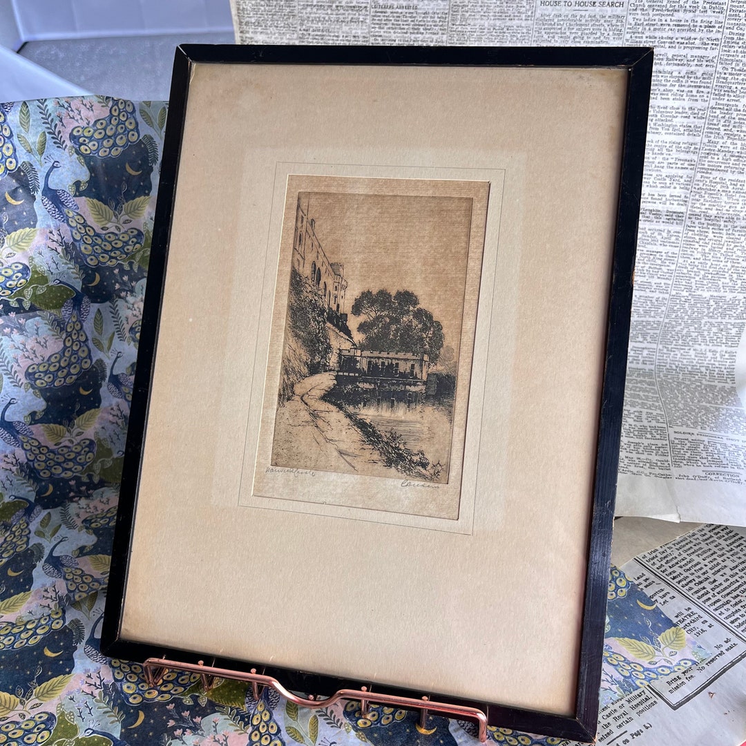 19th Century Framed Etching of Warwick Castle England by Artist C ...