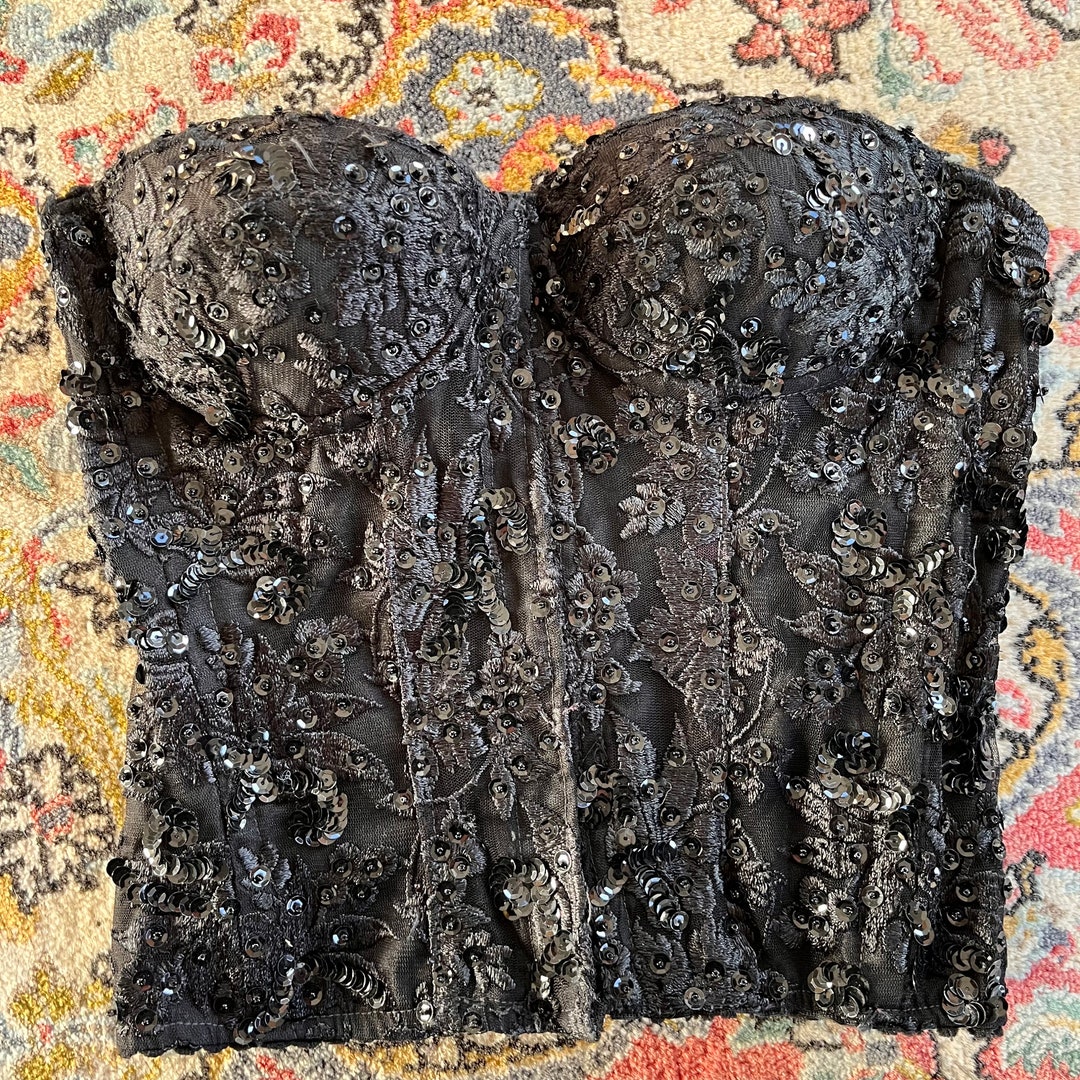 French Style Sequin Vintage Bustier Corset Top Black Bustier Black ...