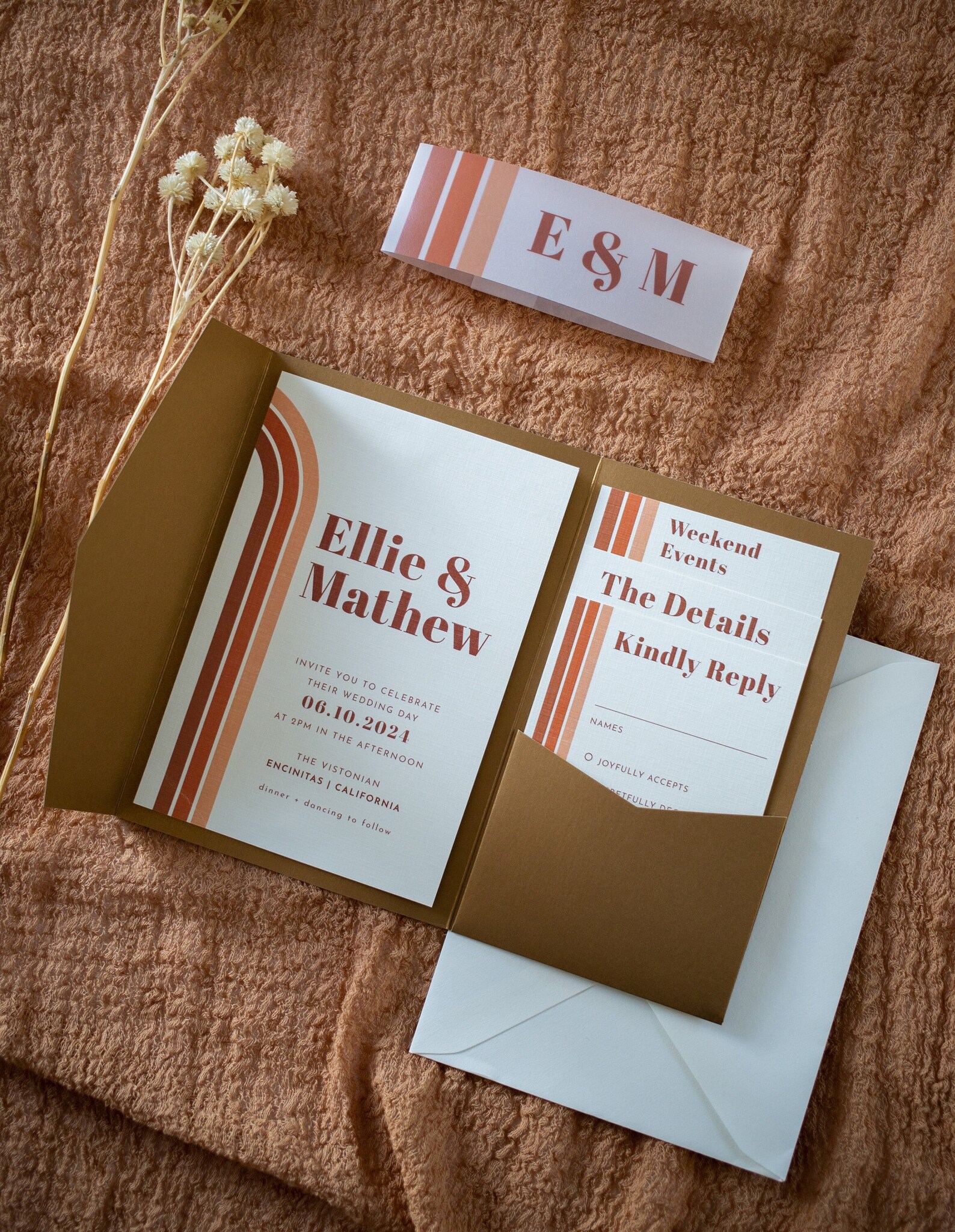 Retro Pocket Wedding Invitation Set Retro Wedding Suite Pocketfold Warm ...