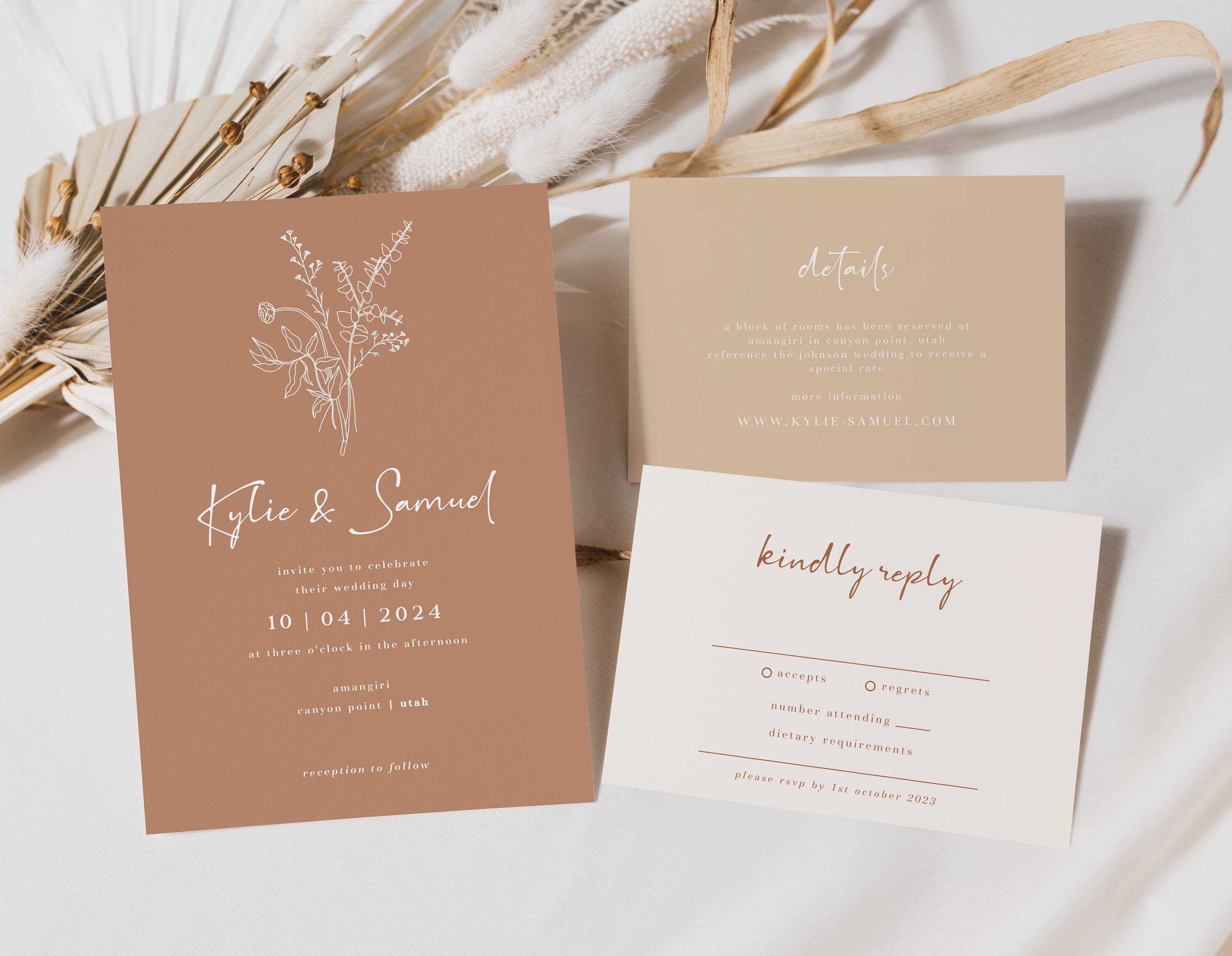 Beige Wedding Invitation Suite Template Floral Minimalist - Etsy