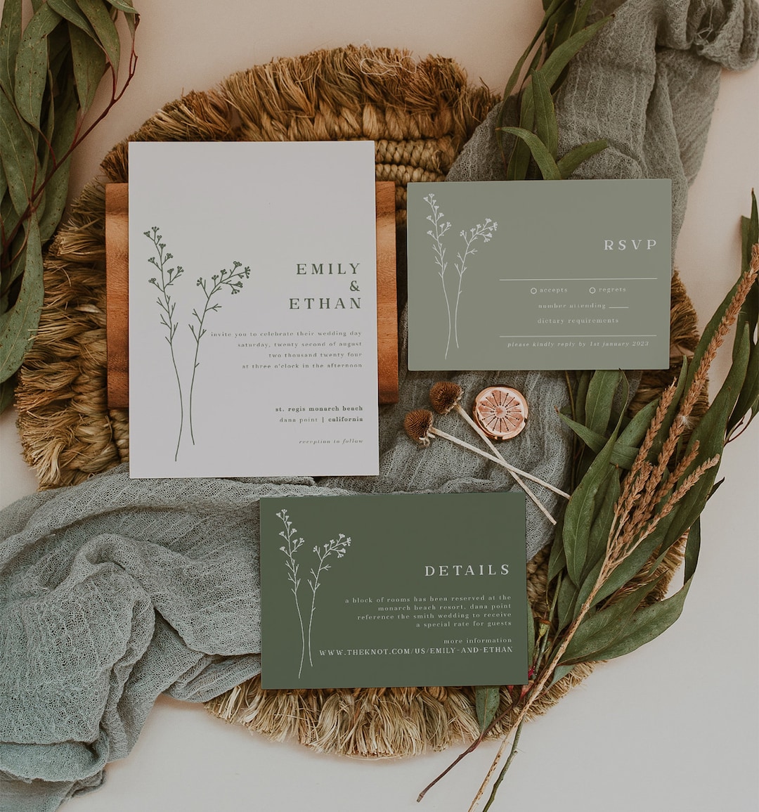 Sage Wedding Invitation Suite Boho Wedding Invitation Set Sage Green ...