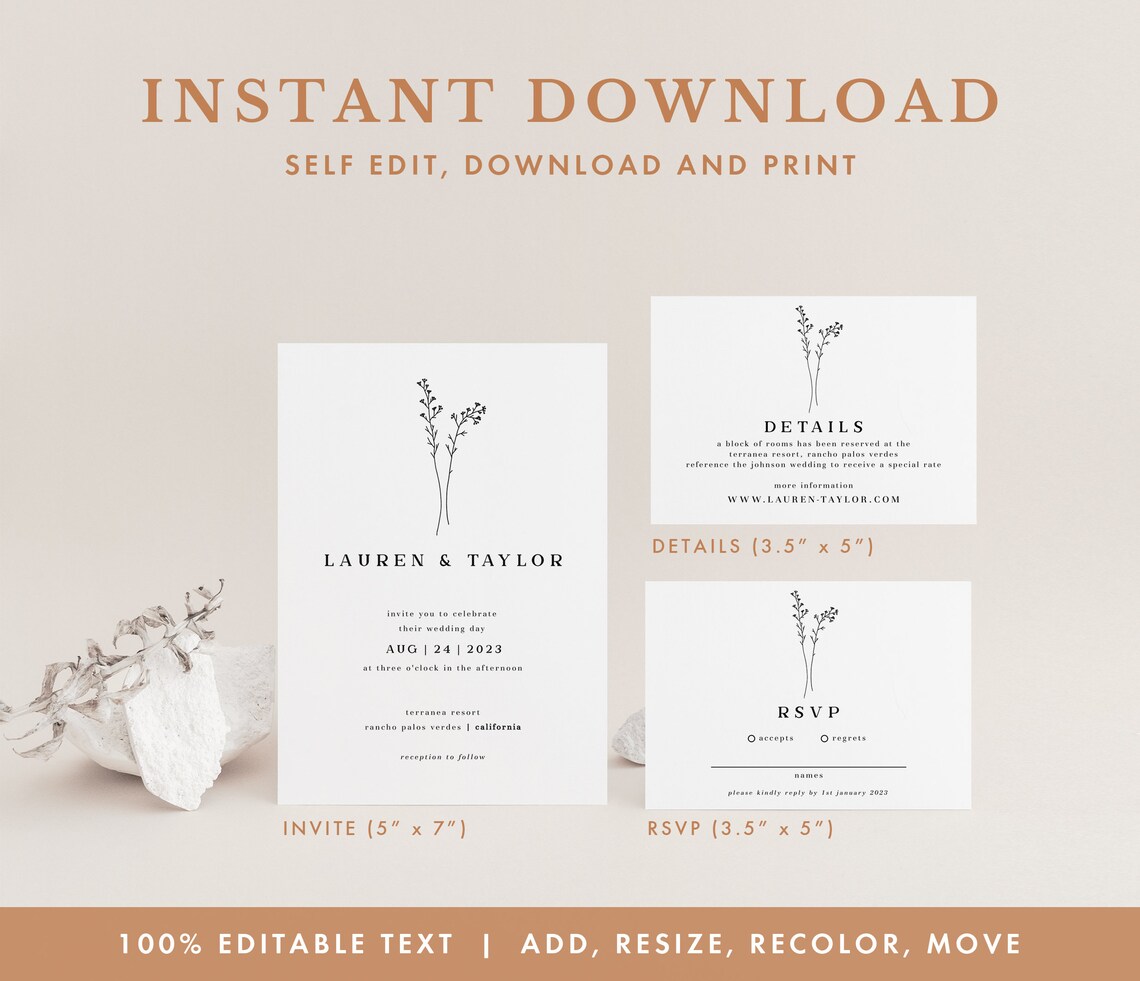 Simple Wedding Invitation Template Download Floral Wedding | Etsy