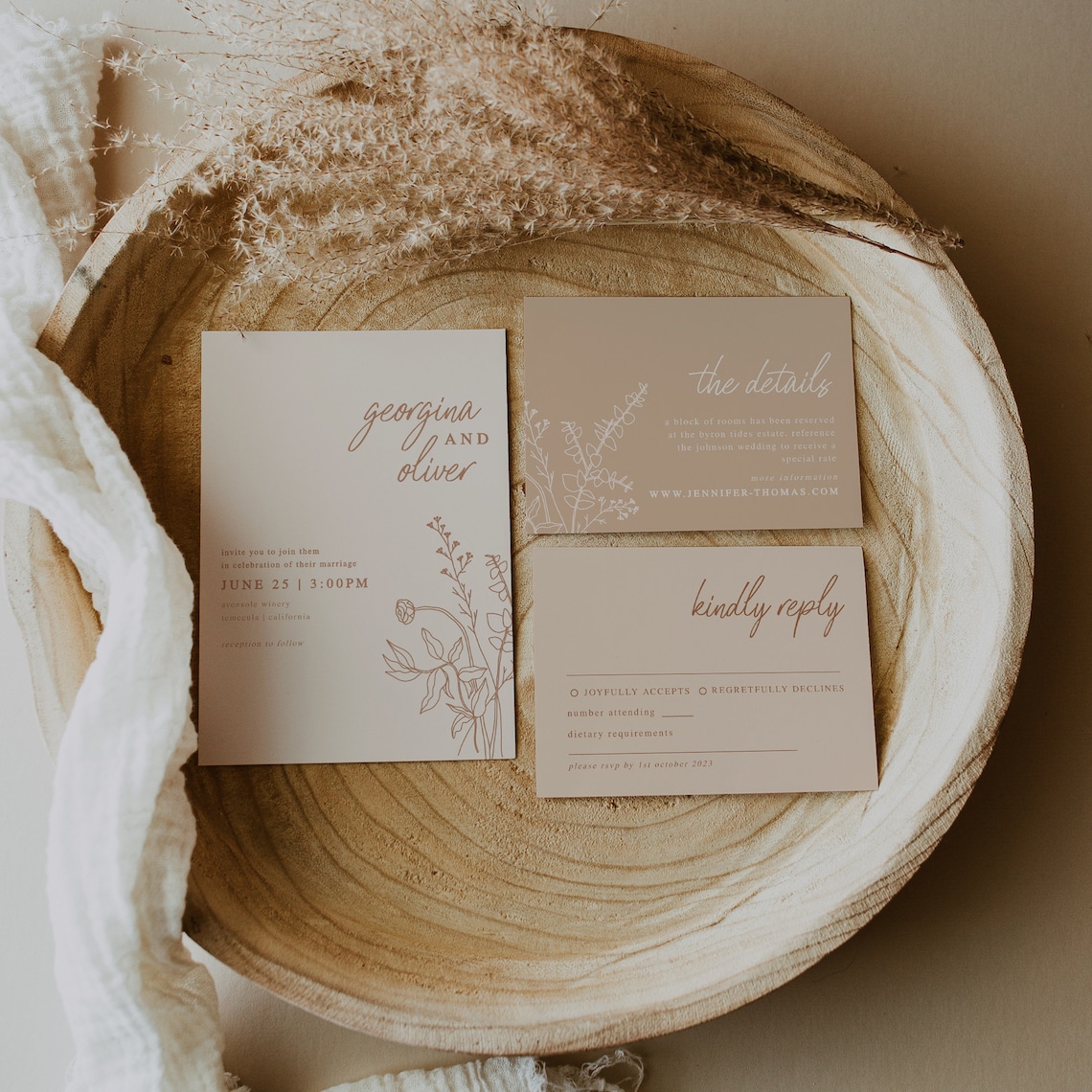 Beige Wedding Invitation Suite Template Floral Minimalist - Etsy