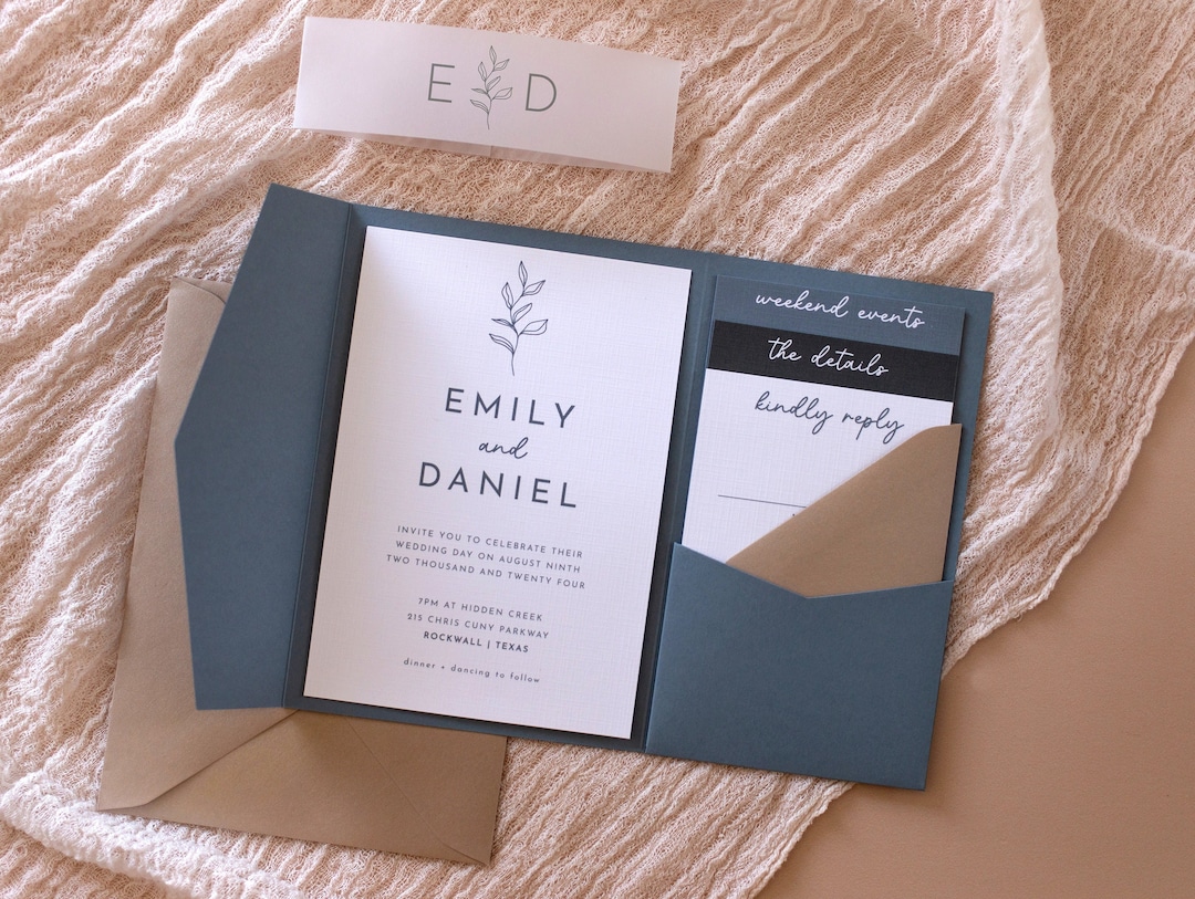 Dusty Blue Pocket Wedding Invitation Set Boho Sage Blue Wedding Suite ...