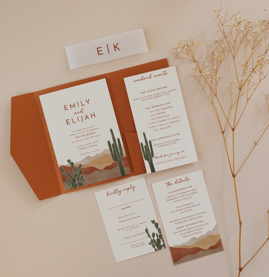 Desert Wedding Invitation Suite Pocket Boho Cactus Wedding Invite ...