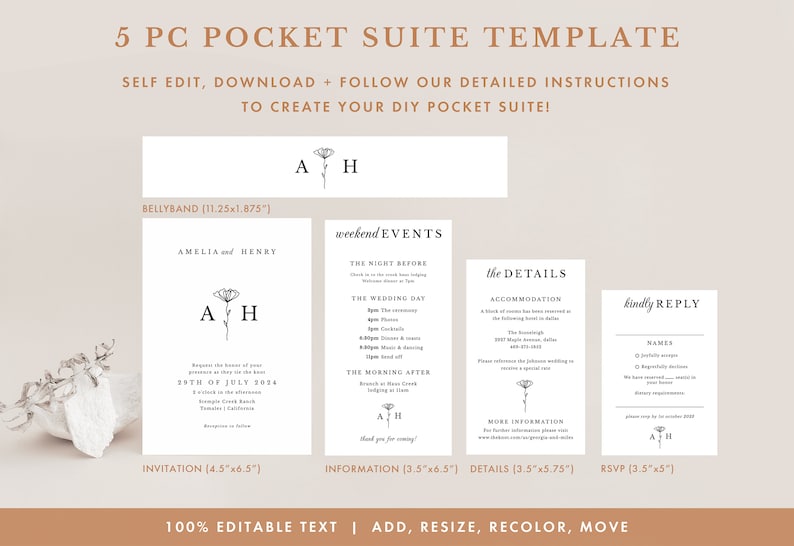 Neutral Wedding Invitation Pocket Template Minimal Modern - Etsy