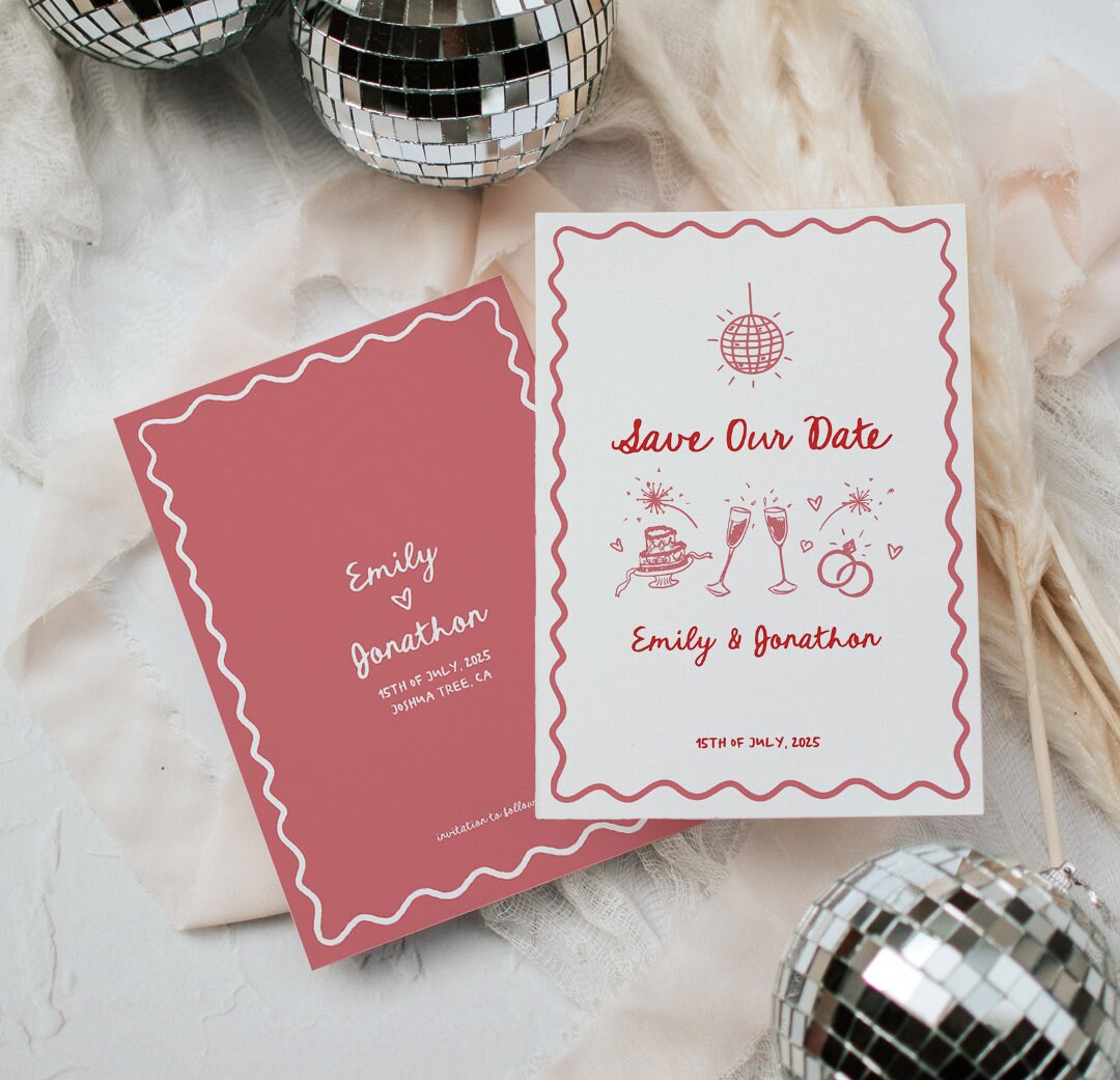 Hand Drawn Save the Date Invitation Template Fun Pink Save Our Date ...