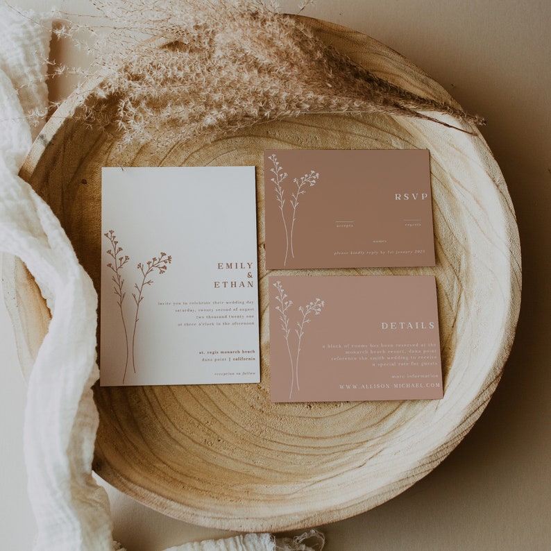 Beige Wedding Invitation Suite Template Floral Minimalist - Etsy