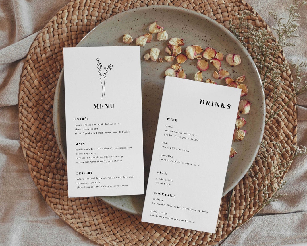 Modern Wedding Menu Template Wedding Menu Botanicals Boho Wedding Menu ...
