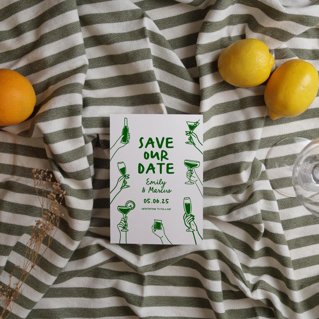 Hand Drawn Save the Date Invitation Template, Green Whimsical Wine Save ...