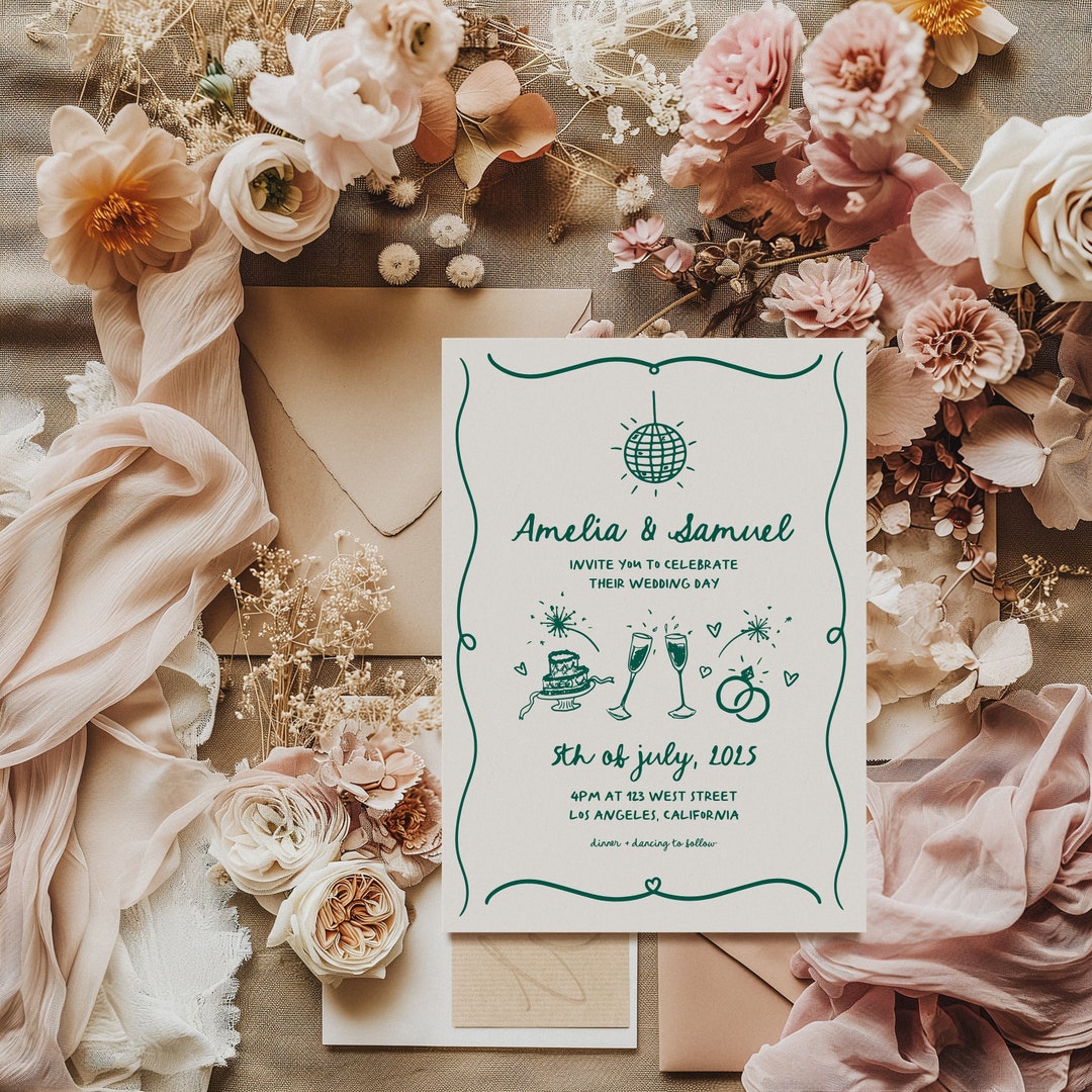 Hand Drawn Wedding Invitation Squiggle Illustrated Wedding Invite Hand ...