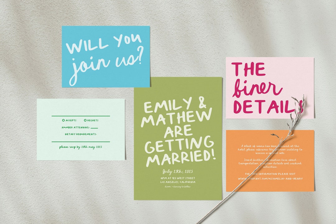 Colorful Wedding Invitation Suite Bright Hand Written Wedding Invite ...