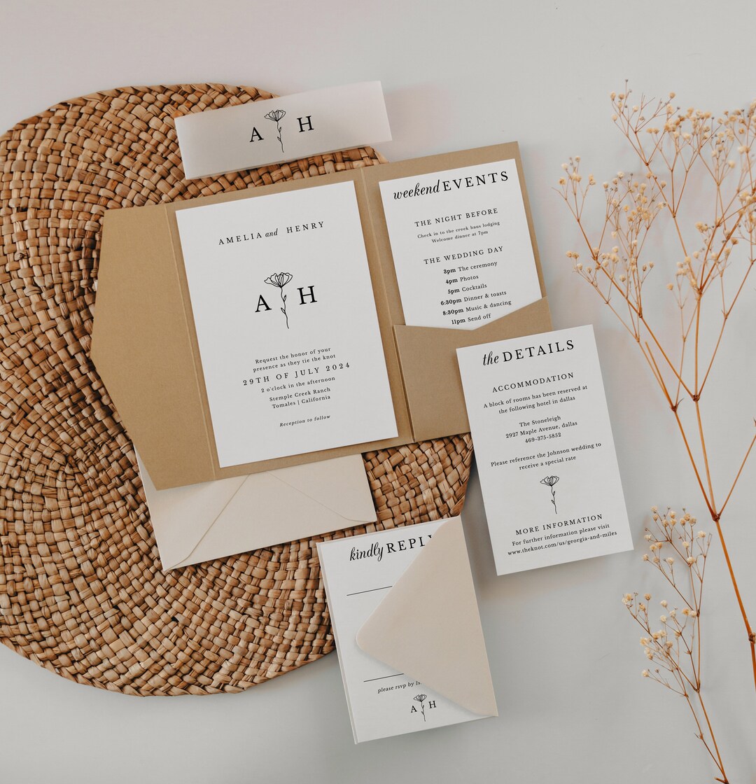 Neutral Wedding Invitation Pocket Template Minimal Modern Pocketfold ...
