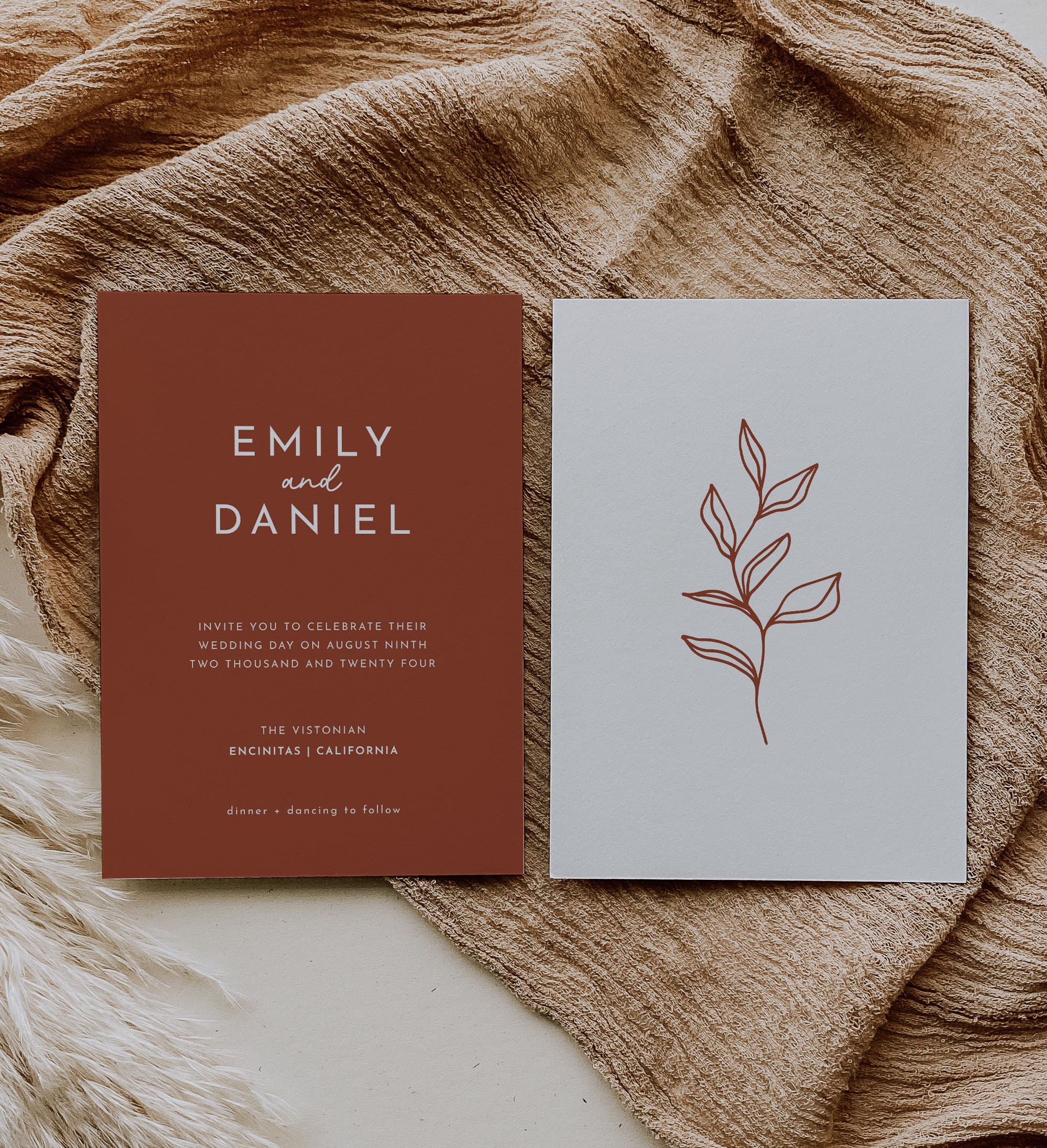Terracotta Wedding Invitation Boho Rust Wedding Suite Leaves Simple ...