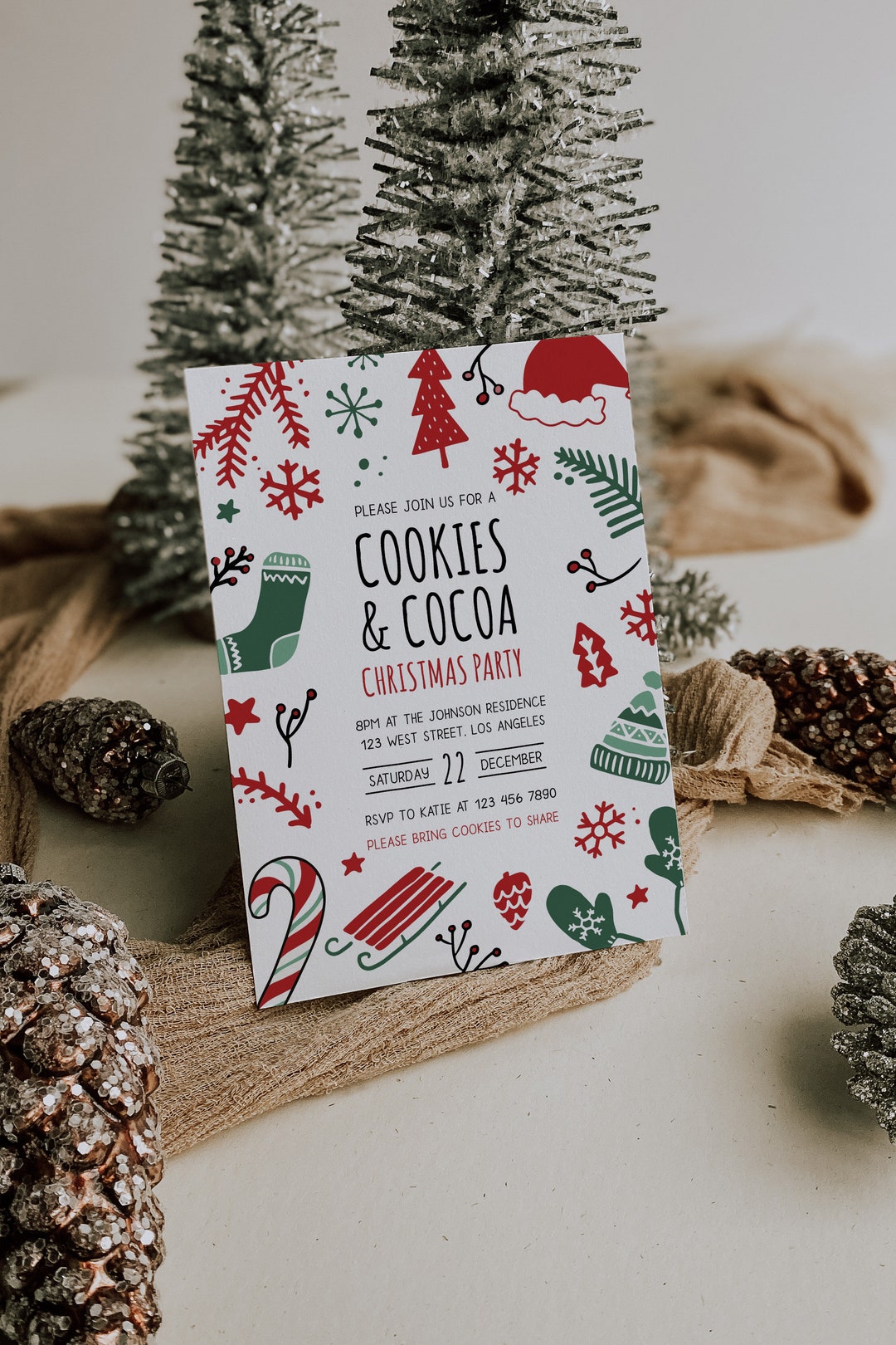 Editable Christmas Party Invitation Template, Festive Cocoa and Cookies ...