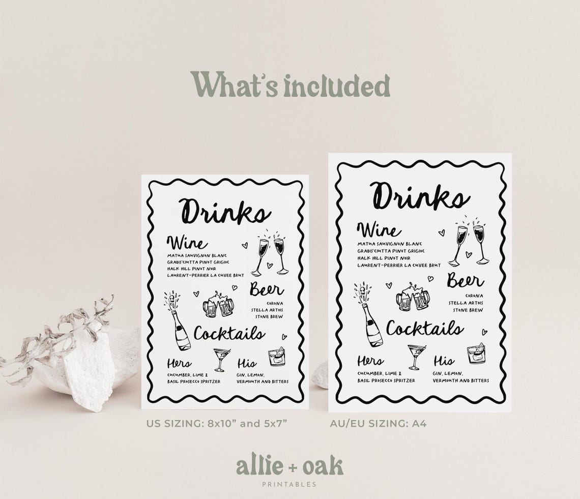 Hand Drawn Bar Sign, Illustrated Squiggle Wedding Bar Drinks Sign ...