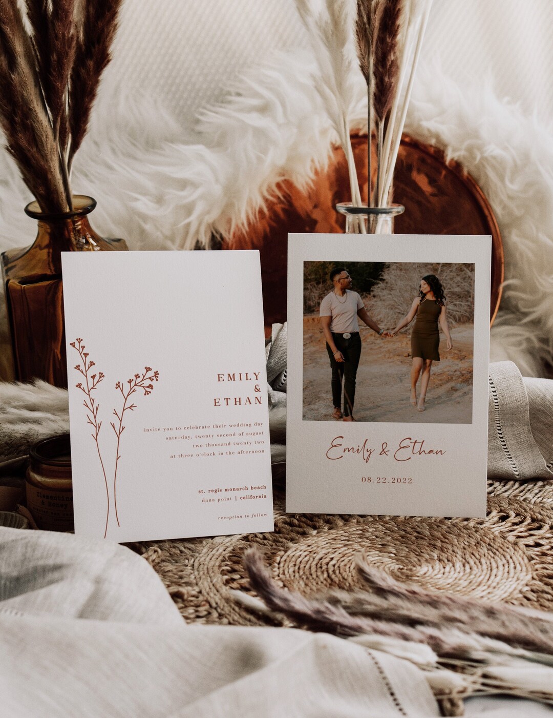 Boho Double Sided Wedding Invitation Terracotta Photo Minimalist Floral ...