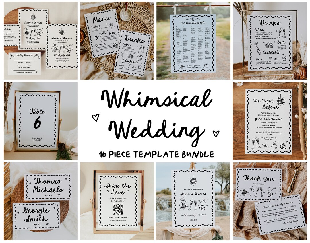 Whimsical Wedding Suite Template Bundle Hand Drawn Wedding Sign ...