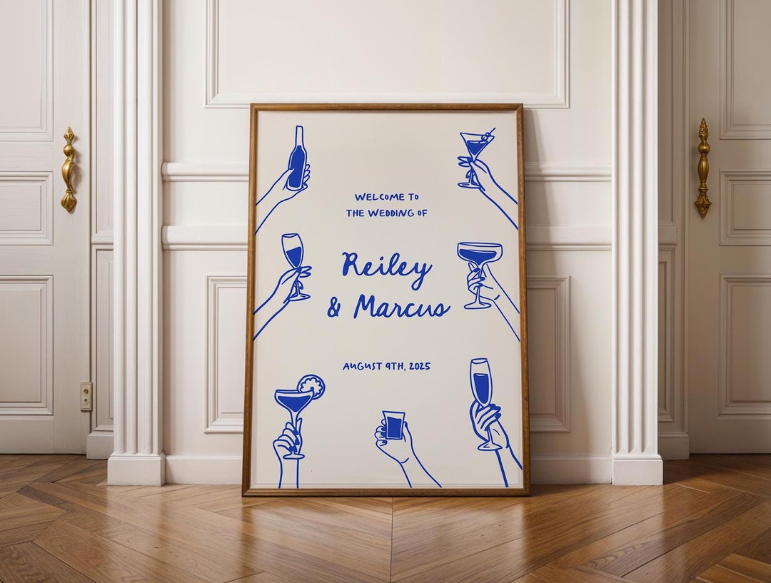 Illustrated Wine and Cocktails Hand Drawn Welcome Sign, Handwritten ...