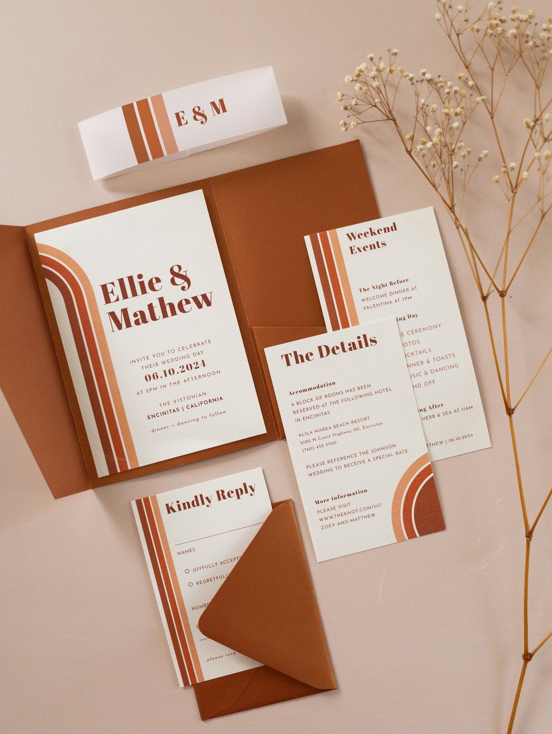 Retro Pocket Wedding Invitation Set Retro Wedding Suite Pocketfold Warm ...