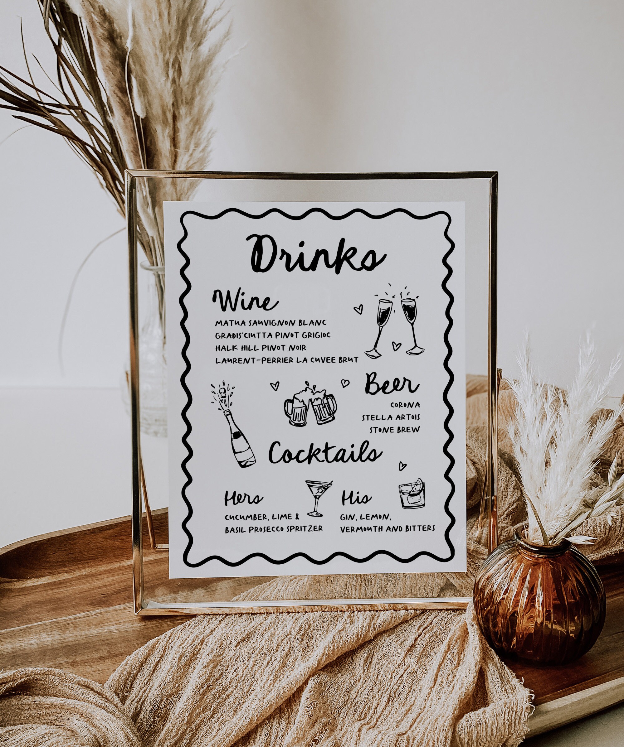 Hand Drawn Bar Sign, Illustrated Squiggle Wedding Bar Drinks Sign ...