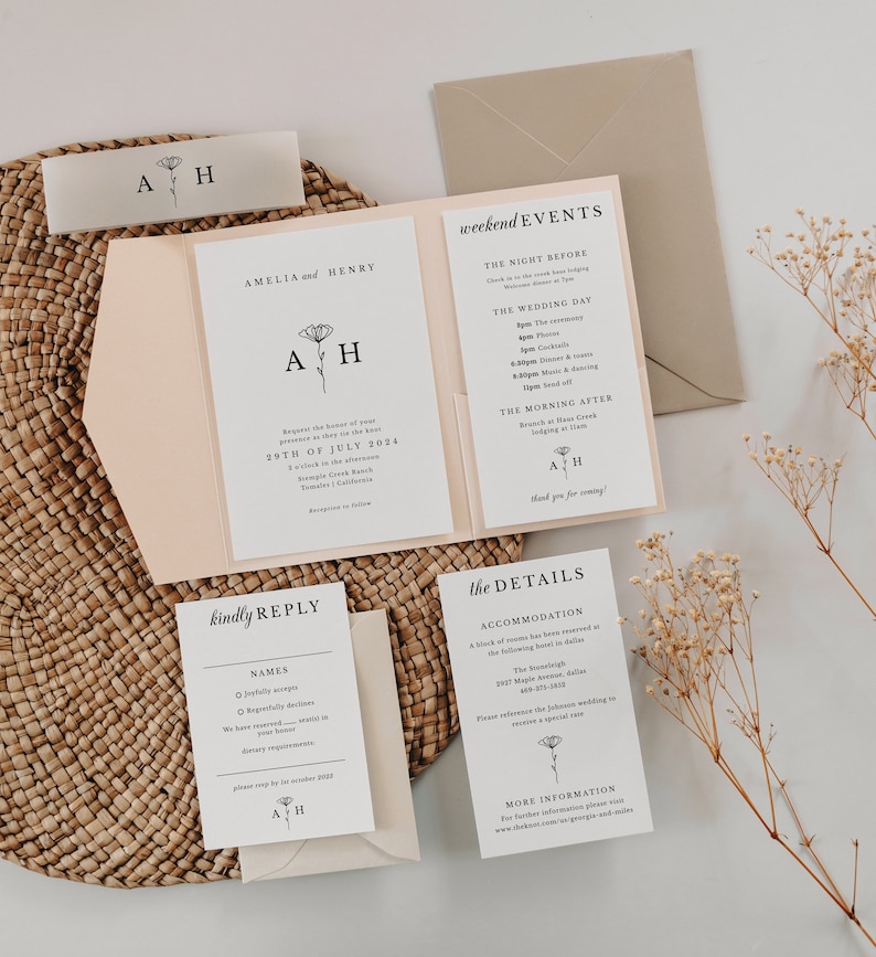 Neutral Wedding Invitation Pocket Template Minimal Modern - Etsy