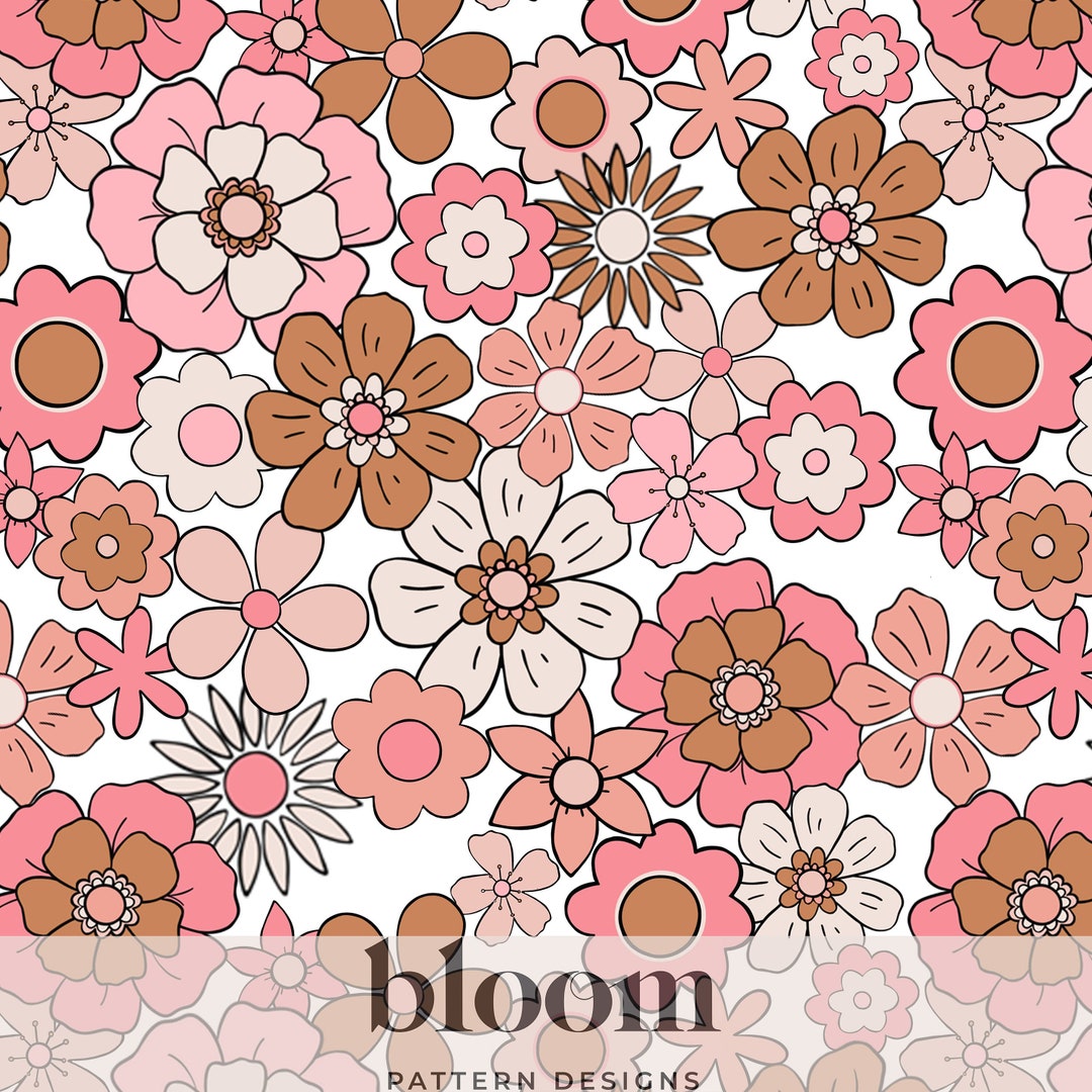Pink and Gold 70s Retro Flowers Seamless Pattern Design Digital File ...