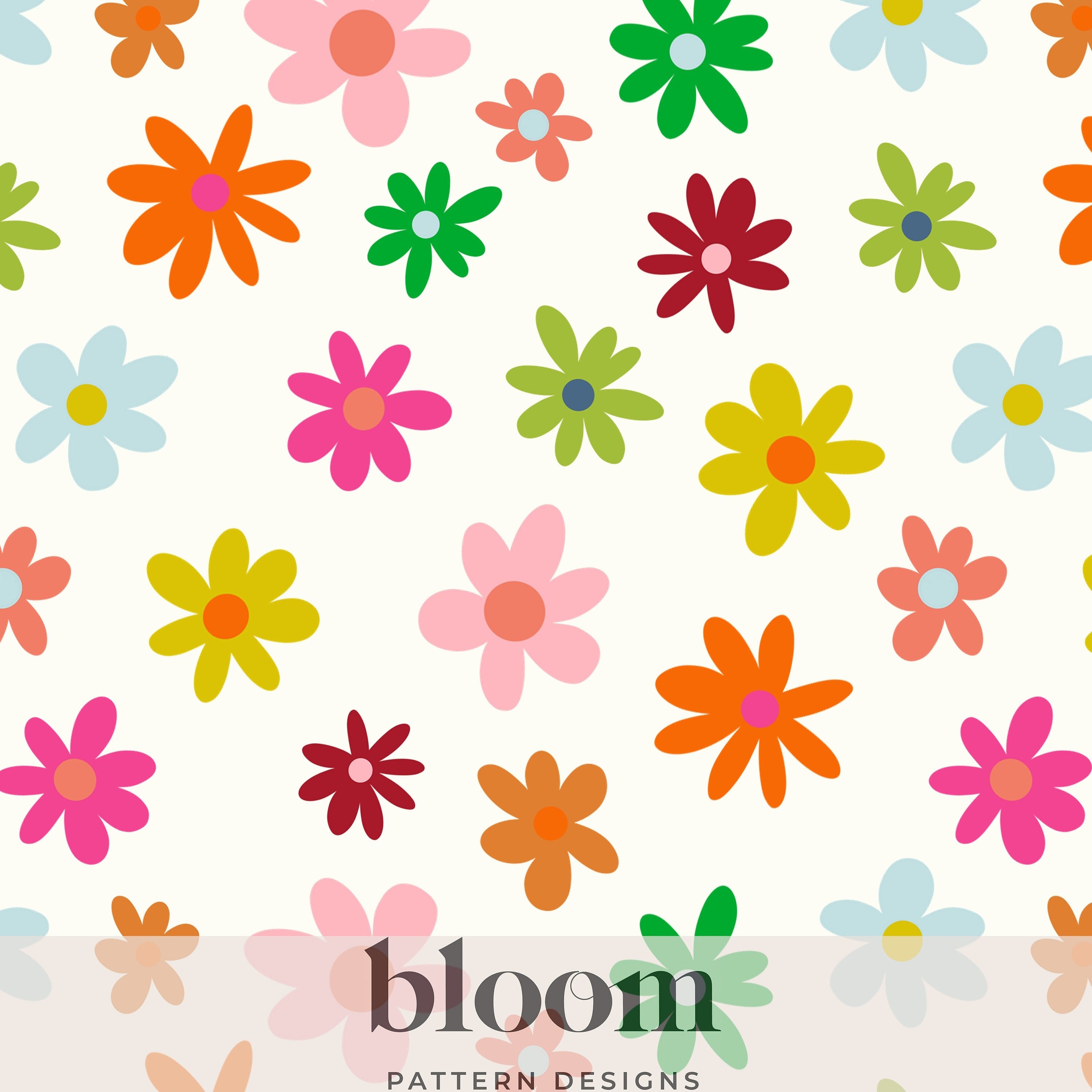Colorful Retro Daisy Flowers Seamless Pattern Design Digital File ...