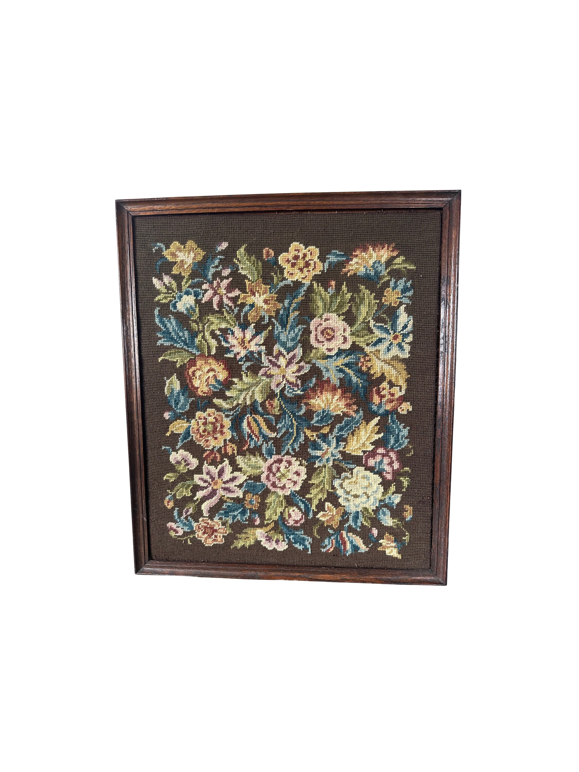 Large Vintage Needlepoint or Embroidery of Flower Bouquet Wood Framed ...