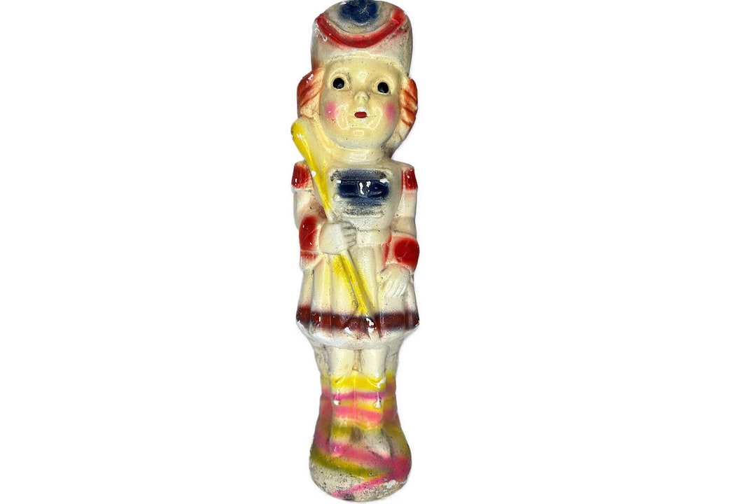 Vintage Chalkware Drum Major or Majorette With Red and Blue Cap and ...