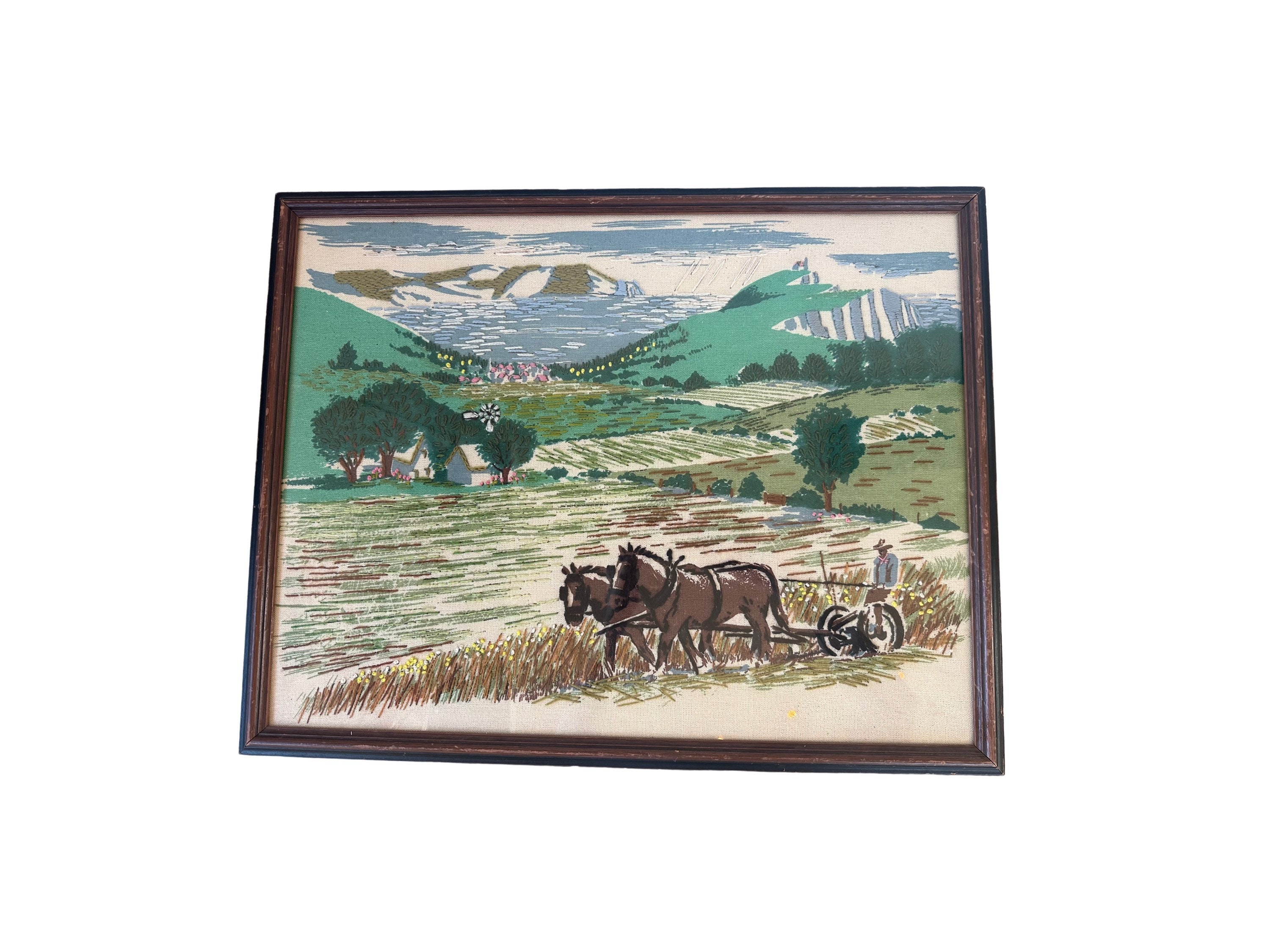 Large Vintage Needlepoint or Stitch Art of Horse in Field With Ocean ...