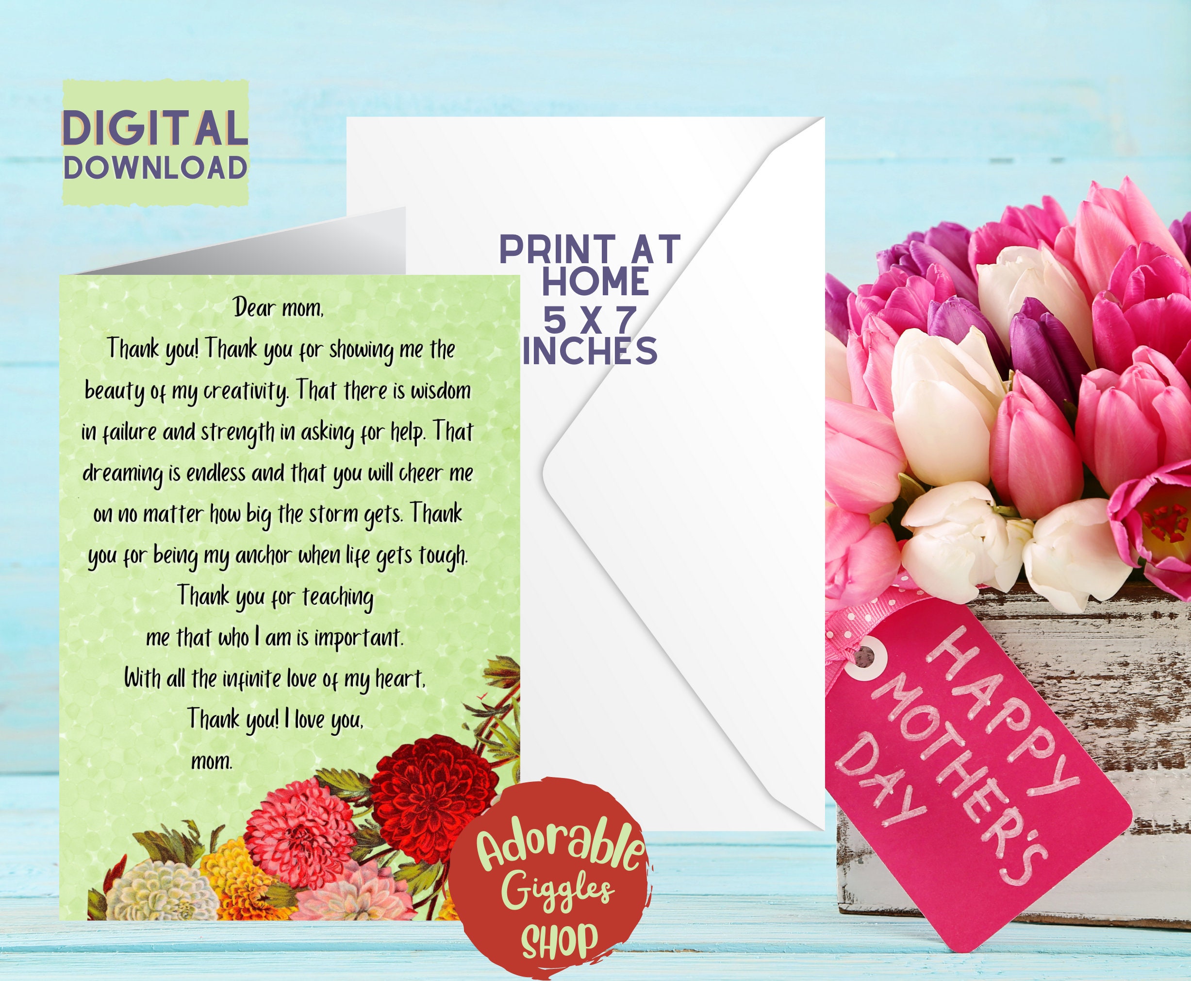 Thank You Mom Printable 5x7 Greeting Card for Mom - Etsy