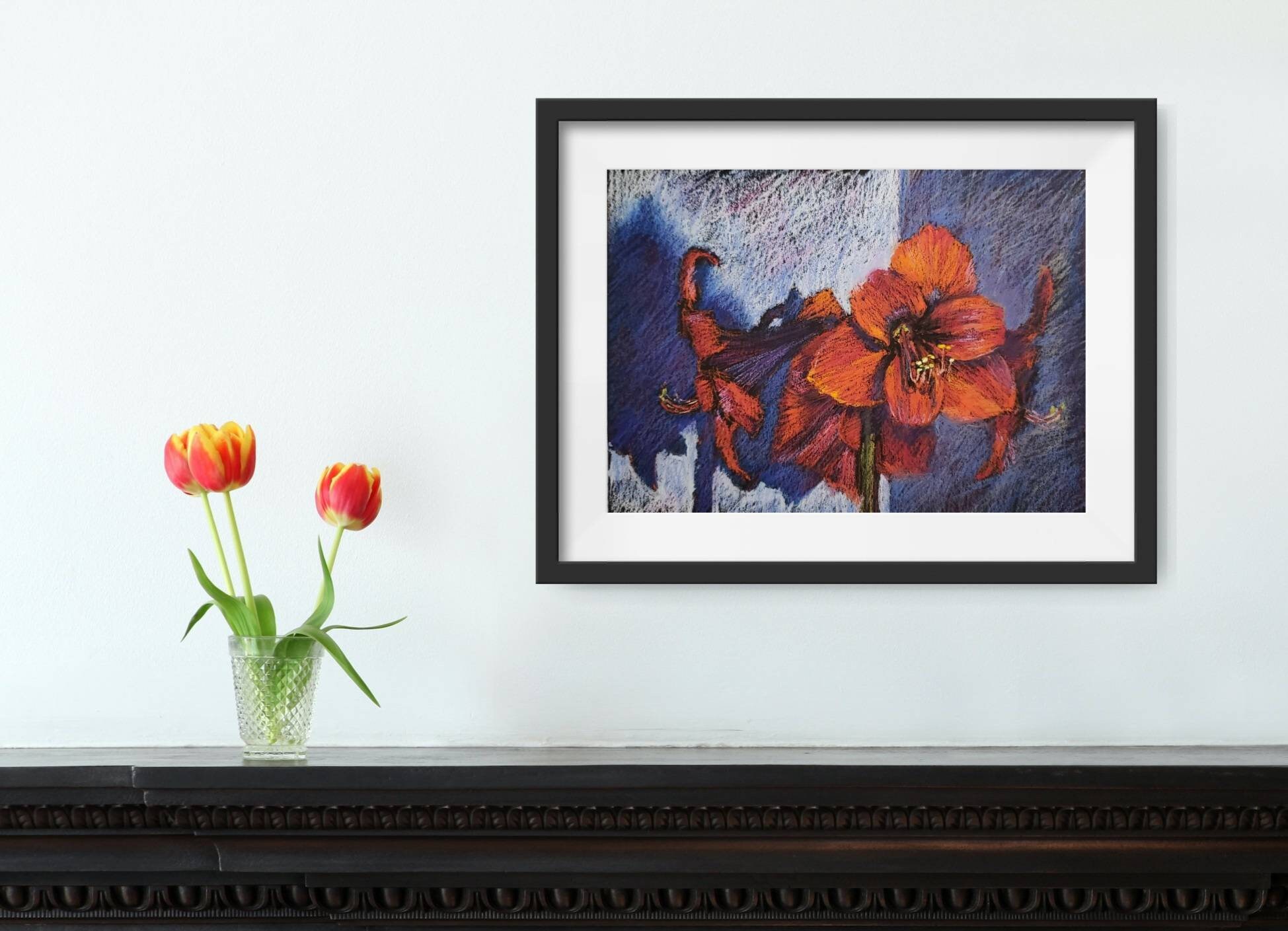 Red Amaryllis Oil Pastel Painting, Original Art, Red Flowers, Floral ...