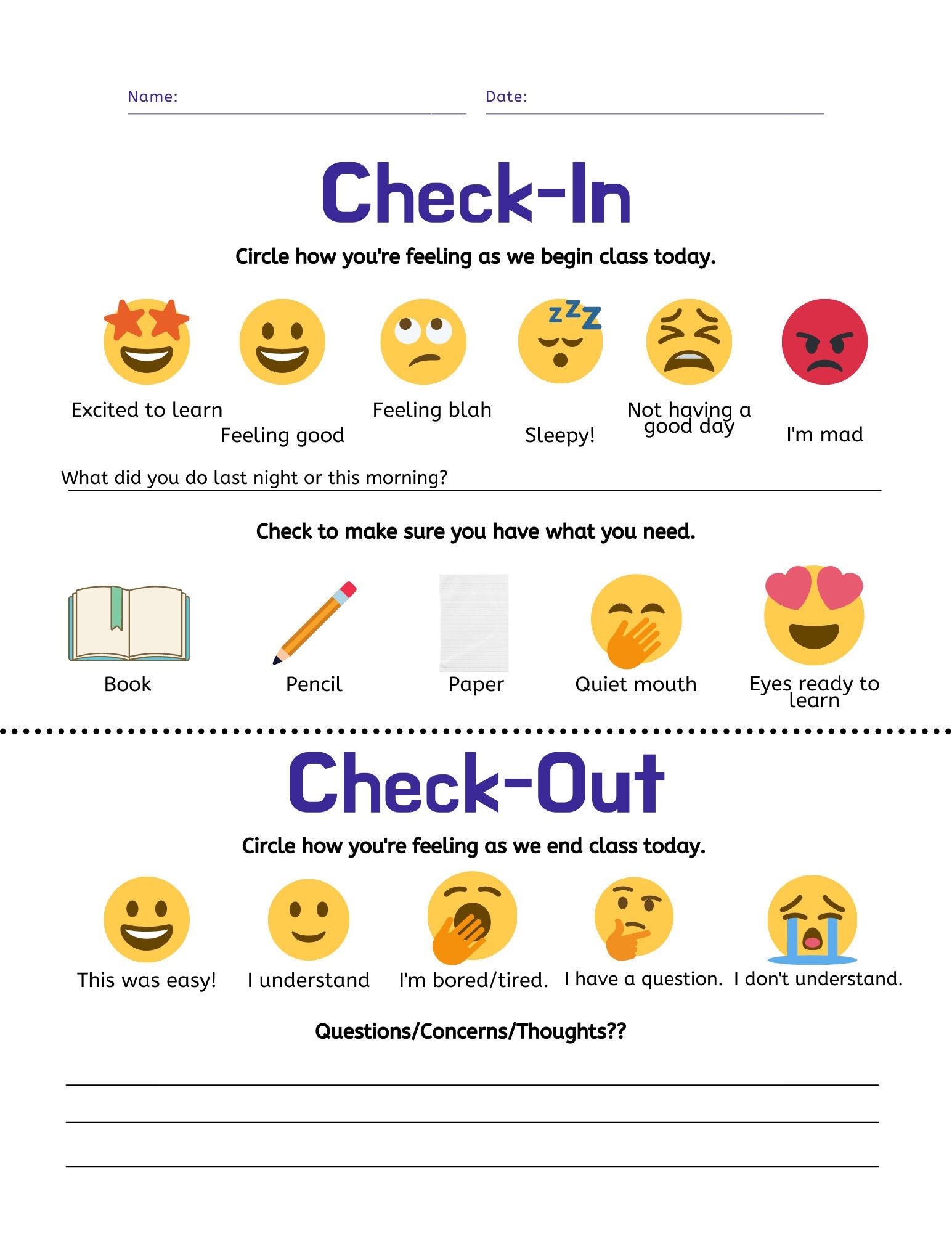 Classroom Emotion Check-in and Out Printable Download - Etsy
