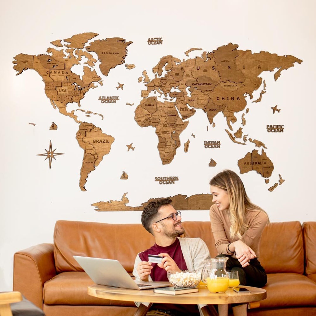 Wooden World Map 3D Wall Decor, Anniversary Gift, Housewarming Gift ...