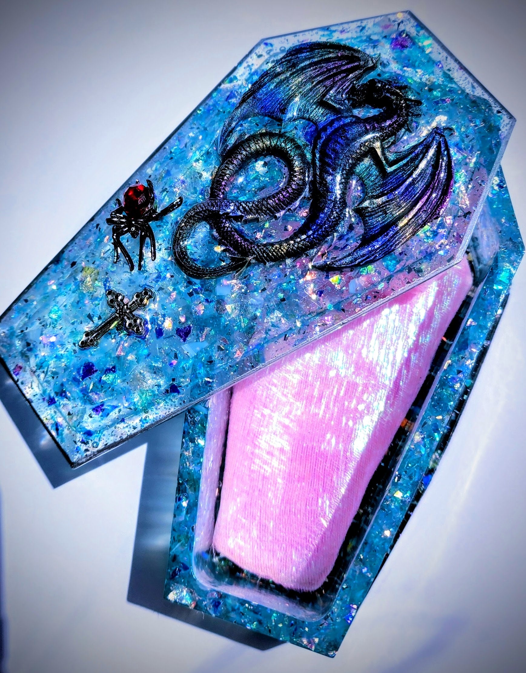 Glass Look Holo Blue W Dragon Spider Coffin Box, Trinket Box, Trinket ...