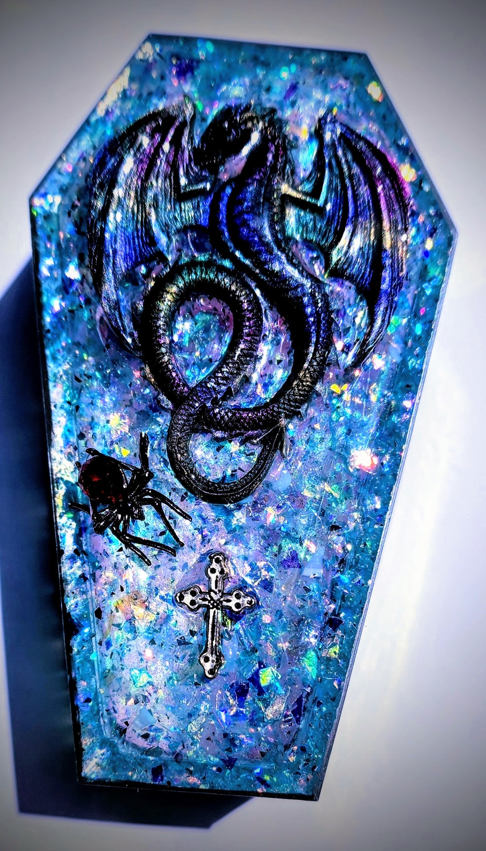 Glass Look Holo Blue W Dragon Spider Coffin Box, Trinket Box, Trinket ...