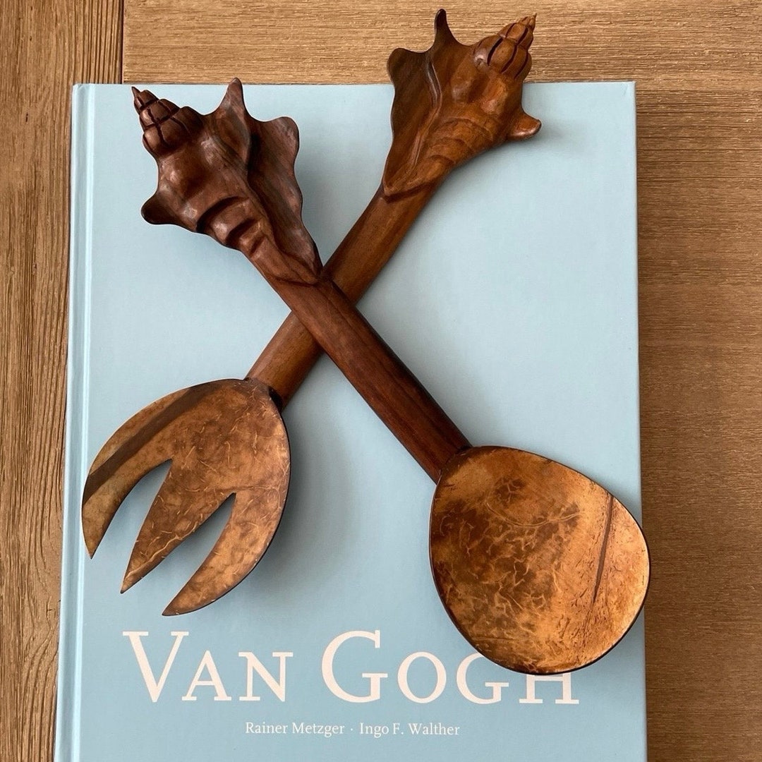 Set of Vintage Wooden Seashell Salad Tongs Utensils - Etsy