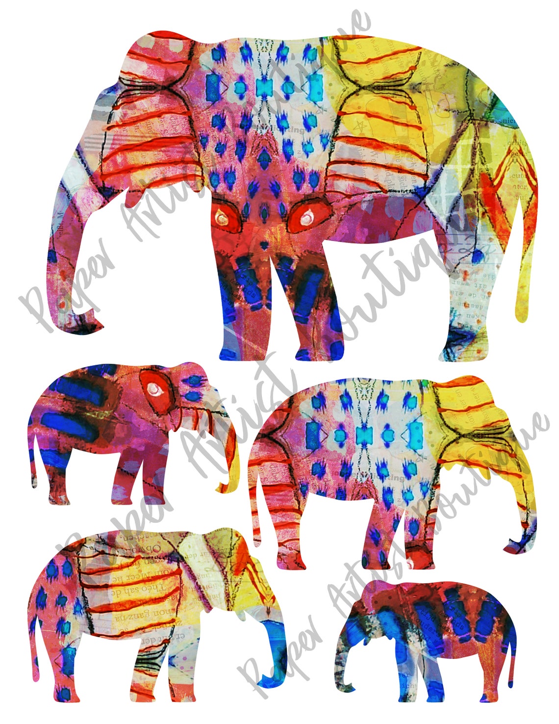 Printable Digital Clip Art Sheet Collaged Elephants for Scrapbooking ...