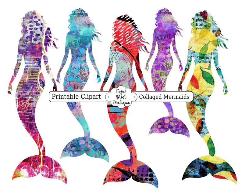 Printable Digital Clip Art Sheet Collaged Mermaids for Scrapbooking ...