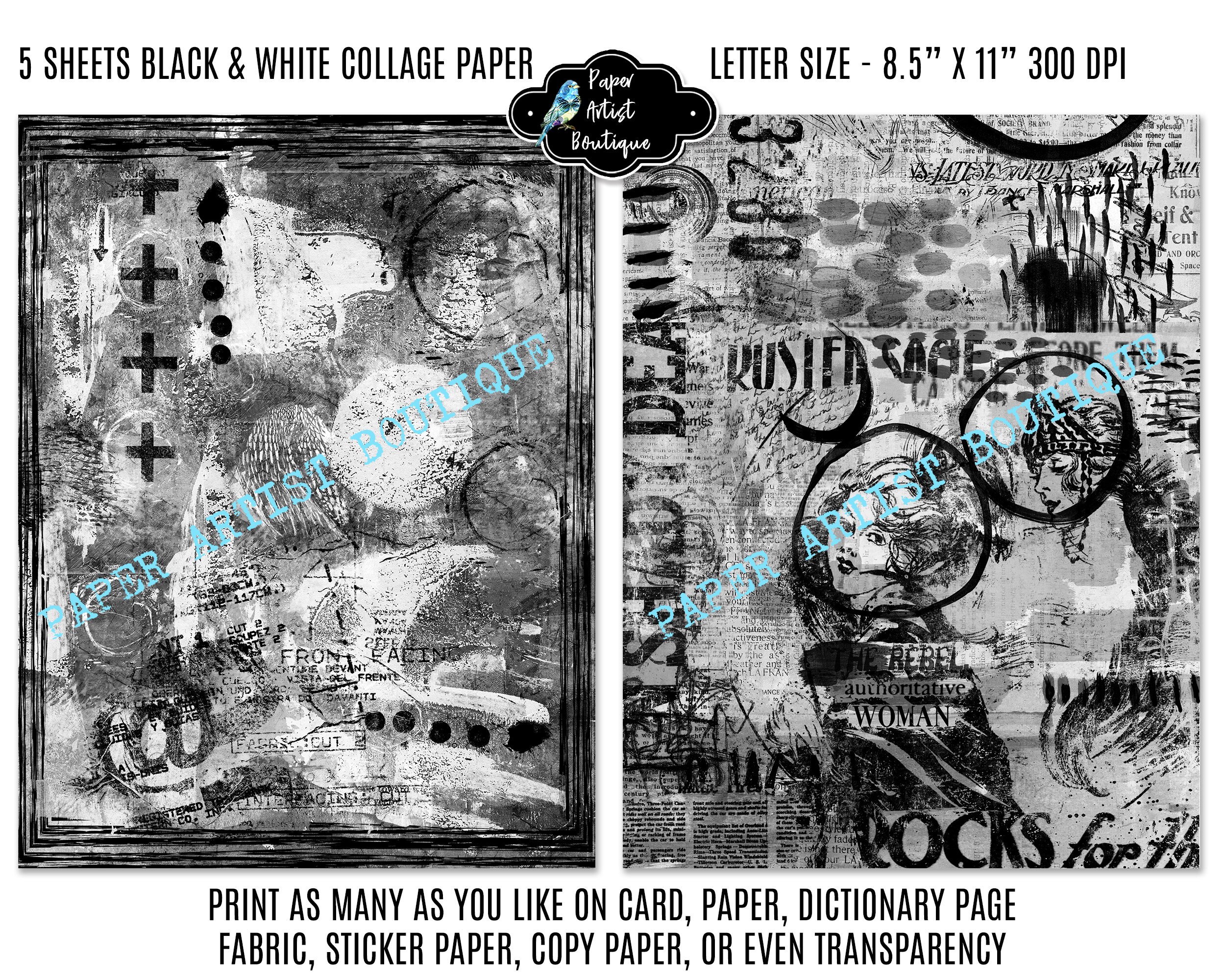 Collage Paper Black and White Printable for Scrapbooking Junk Journals ...