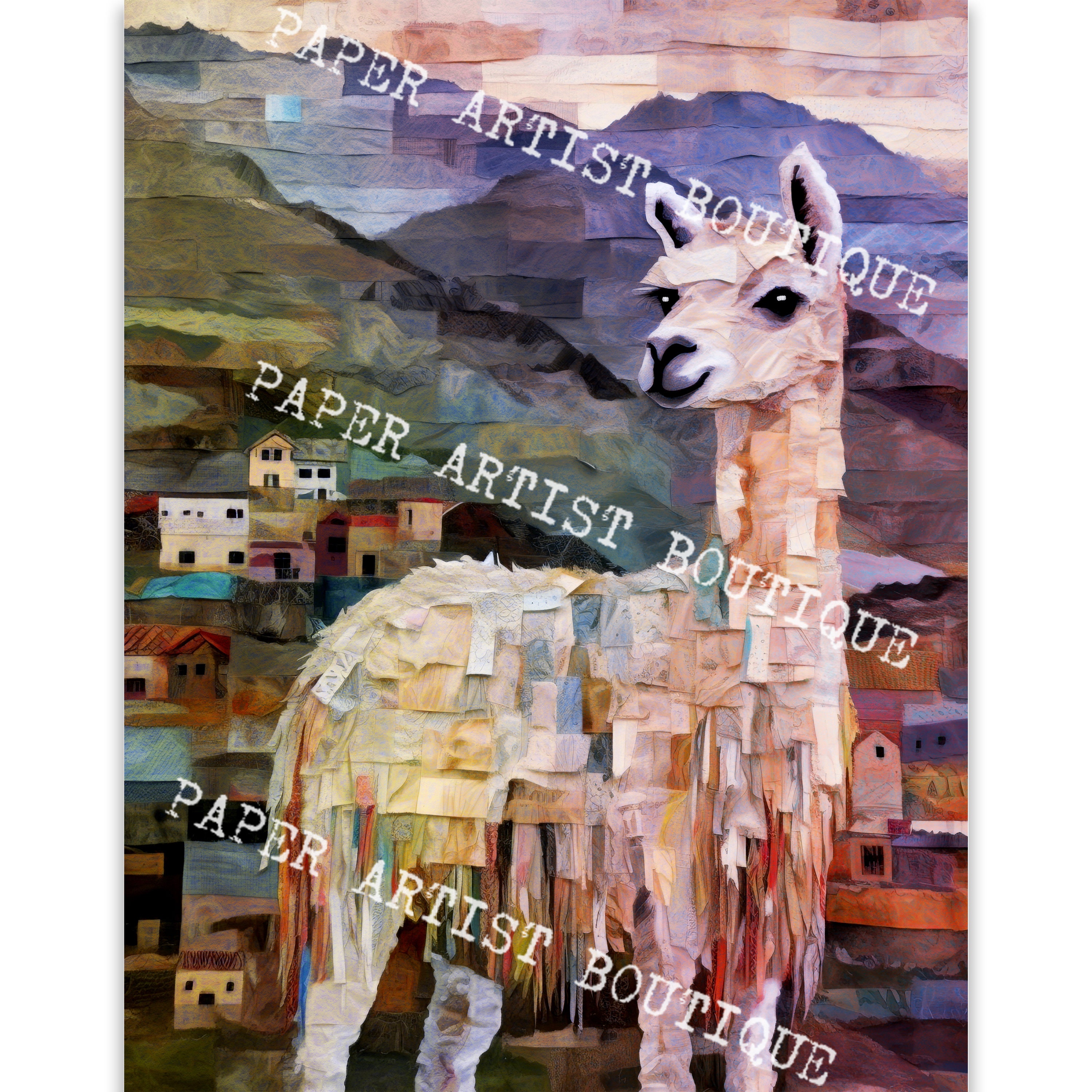 Collaged Llamas/alpaca Mixed-media Art, FIVE Sheets of Printable ...